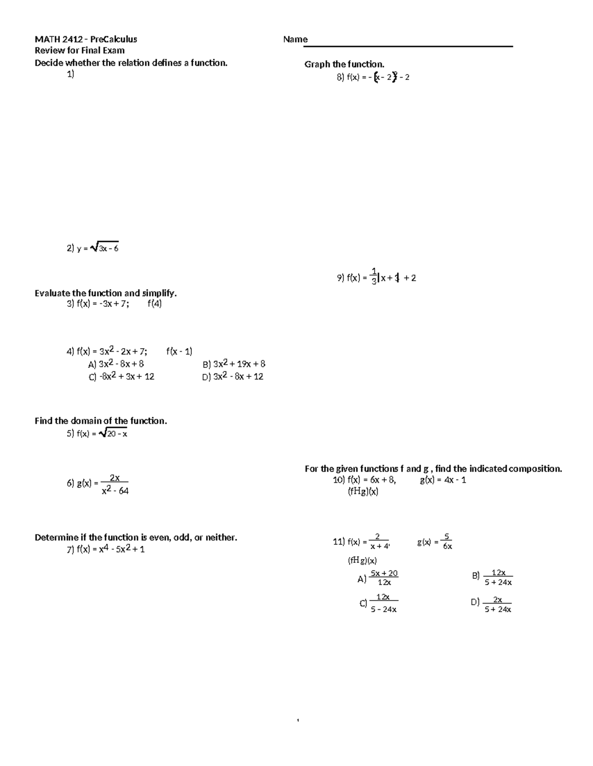 Pre-Calculus Review for Final Exam Spring 2023 - MATH 2412 ...