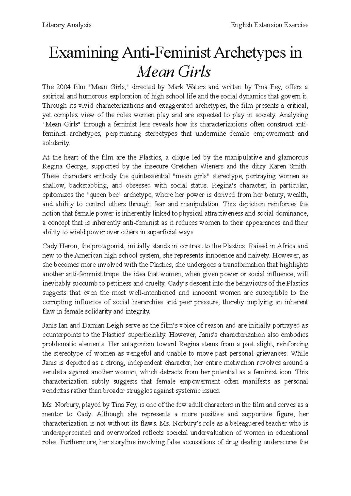 Anti-Feminist Archetypes in Mean Girls - Literary Analysis English ...