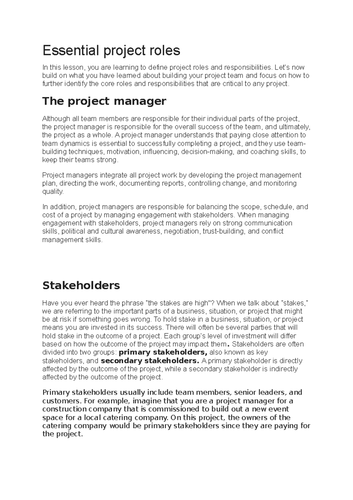 Essential project roles - Let’s now build on what you have learned ...