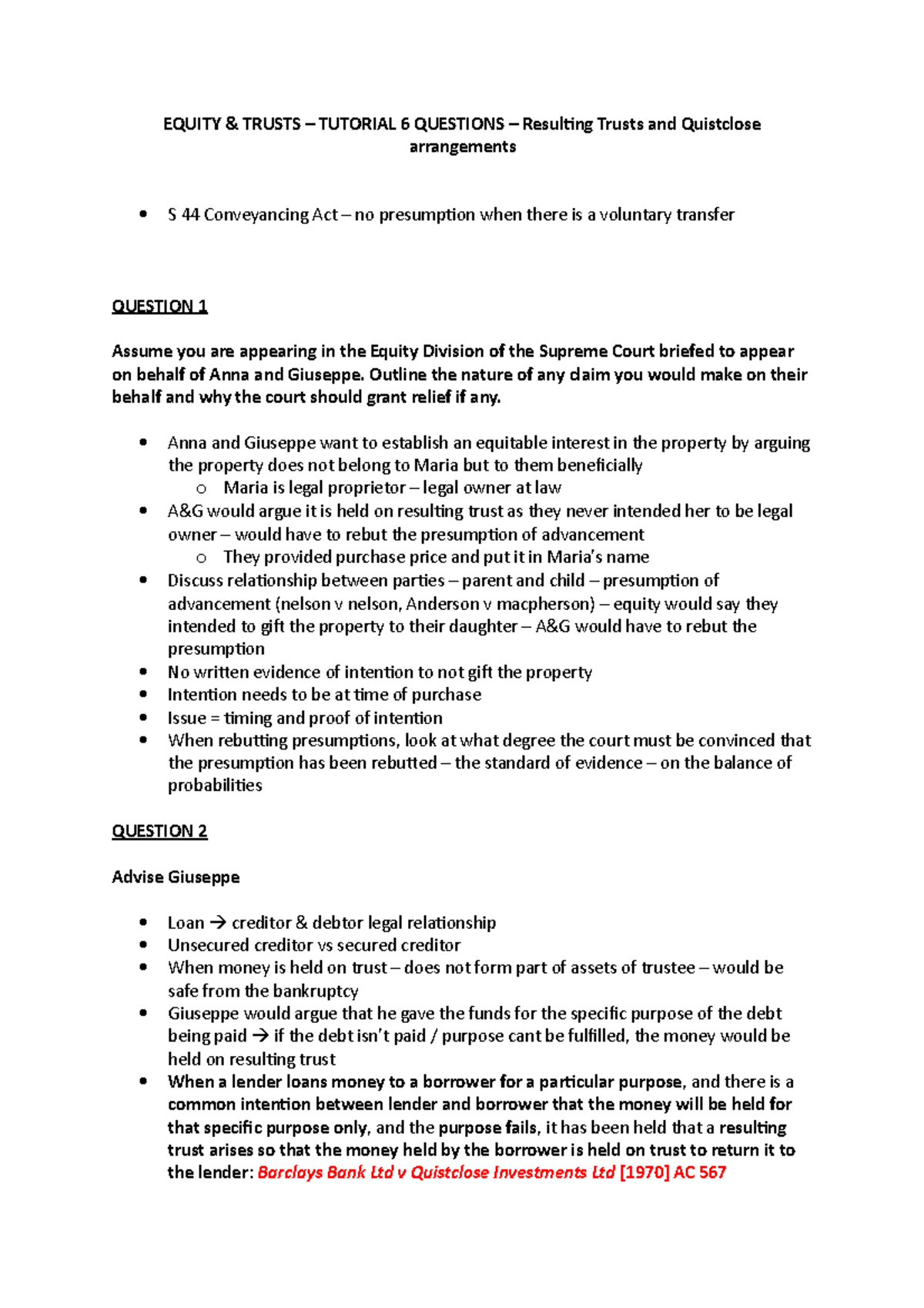 Equity Tutorial 6 - ... - EQUITY & TRUSTS – TUTORIAL 6 QUESTIONS – Resulting Trusts and - Studocu