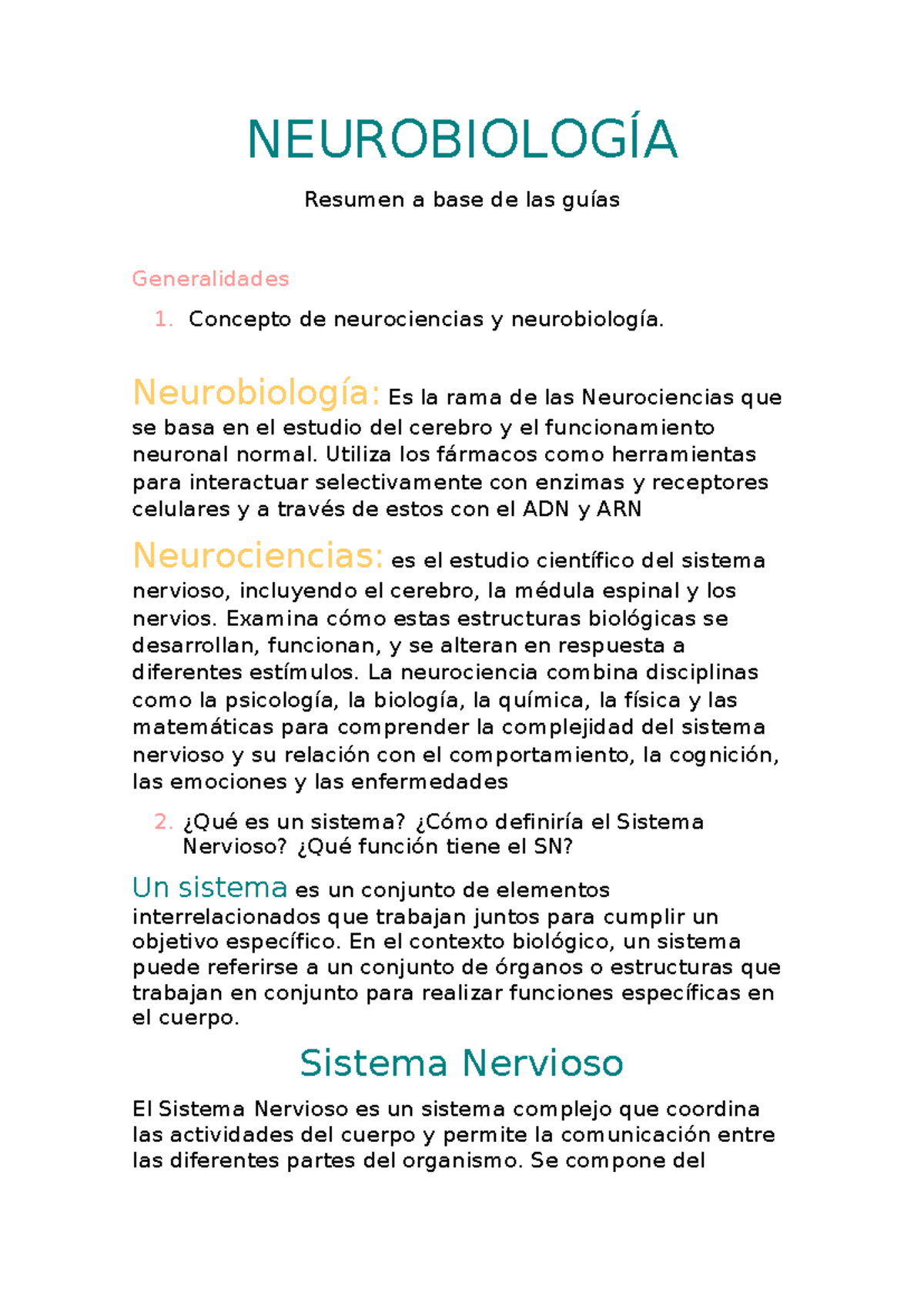 Neurobiología - resumen primer parcial - NEUROBIOLOGÍA Resumen a base ...