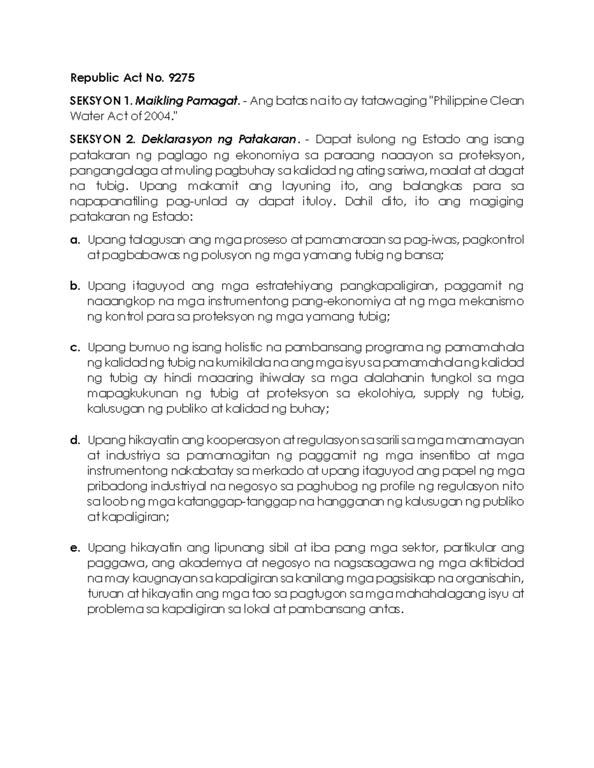 Republic Act No. 9275 - Lecture Notes - Republic Act No. 9275 SEKSYON 1 ...