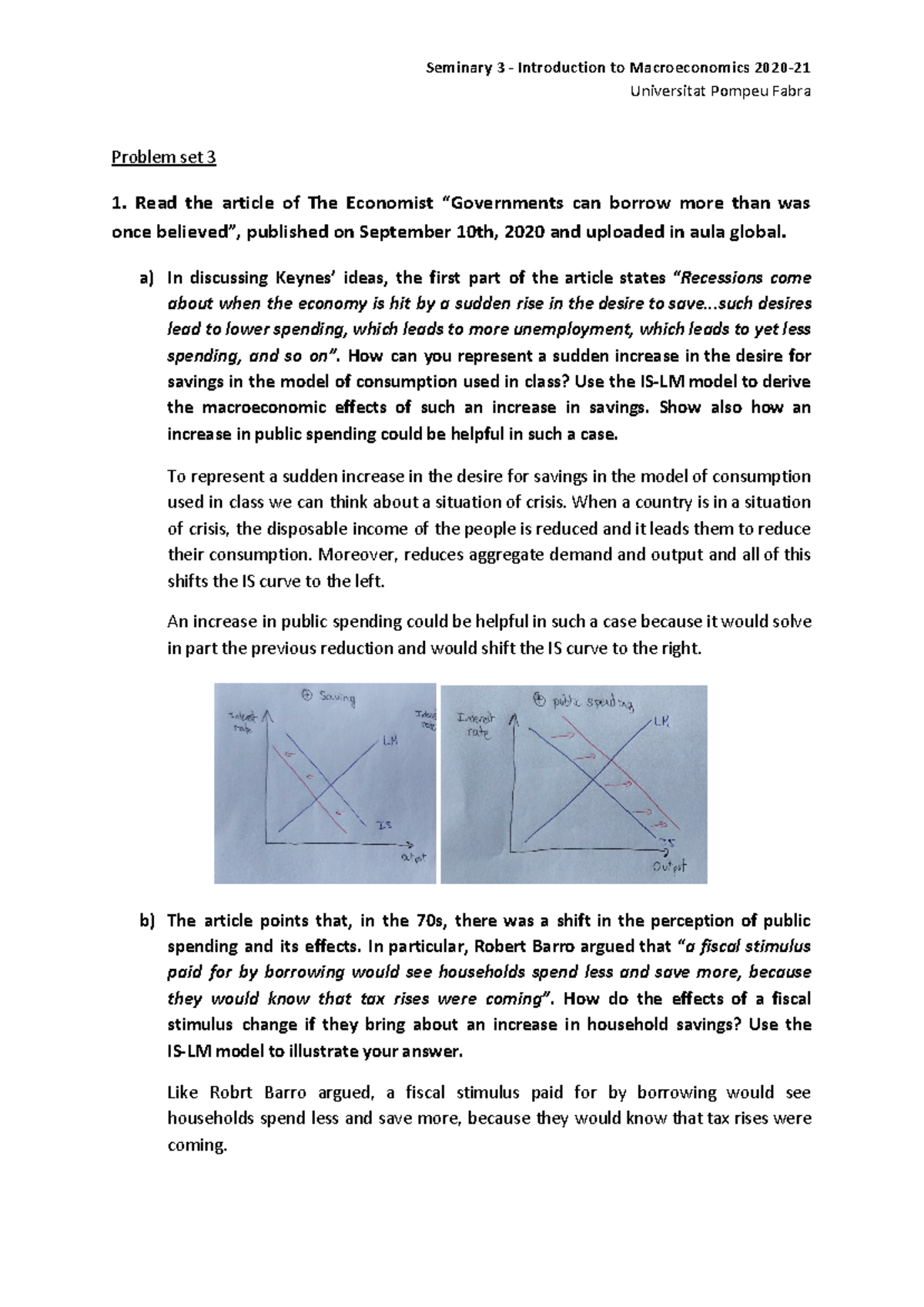 Seminary 3 - Introduction to Macroeconomics - Universitat Pompeu Fabra Problem set 3 1. Read the ...