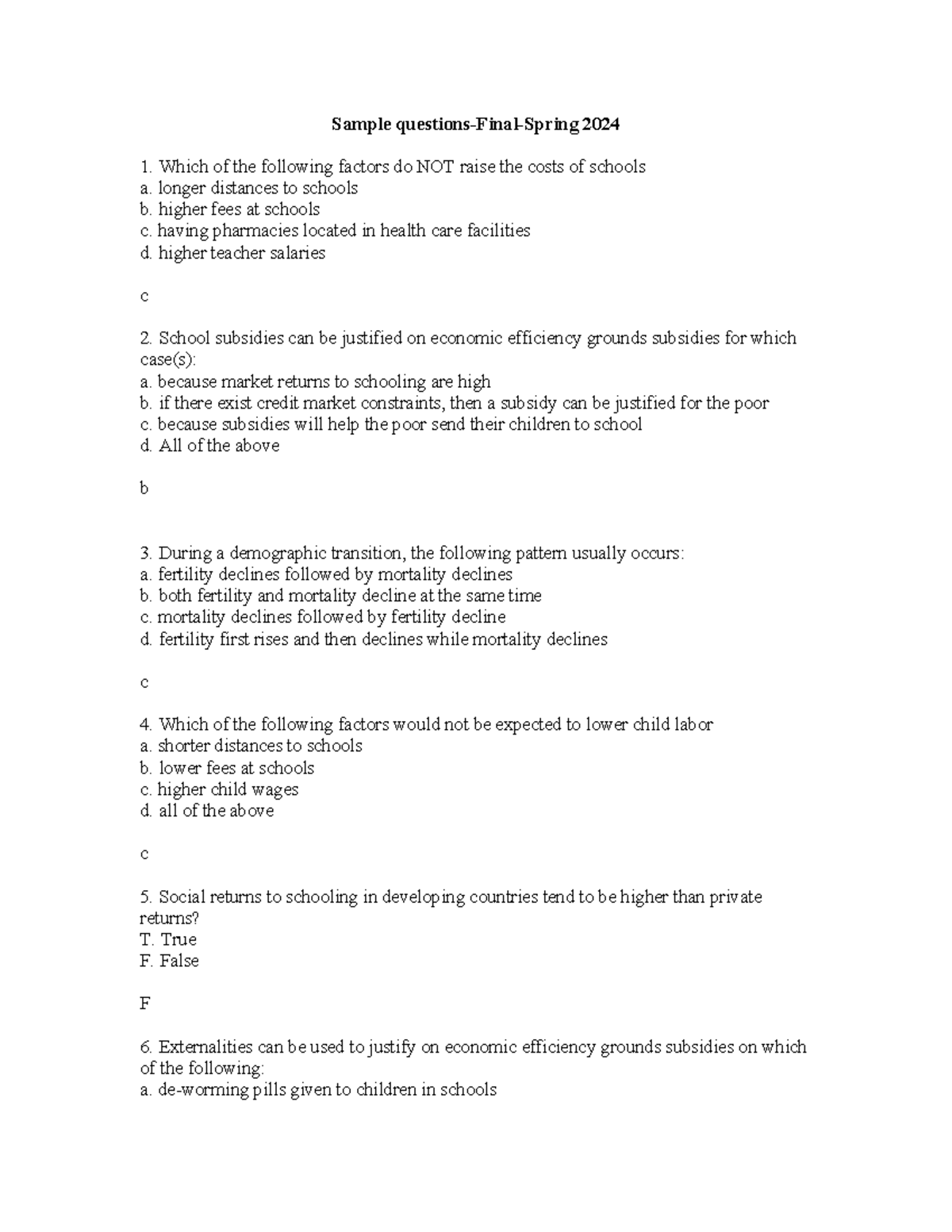 340 sample final questions- s24 - Sample questions-Final-Spring 2024 ...