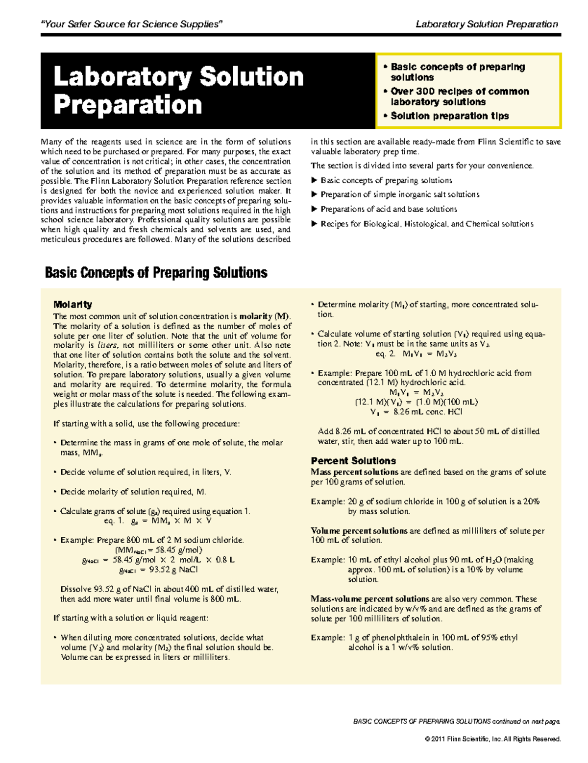 Lab solution preparation - Molarity The most common unit of solution ...
