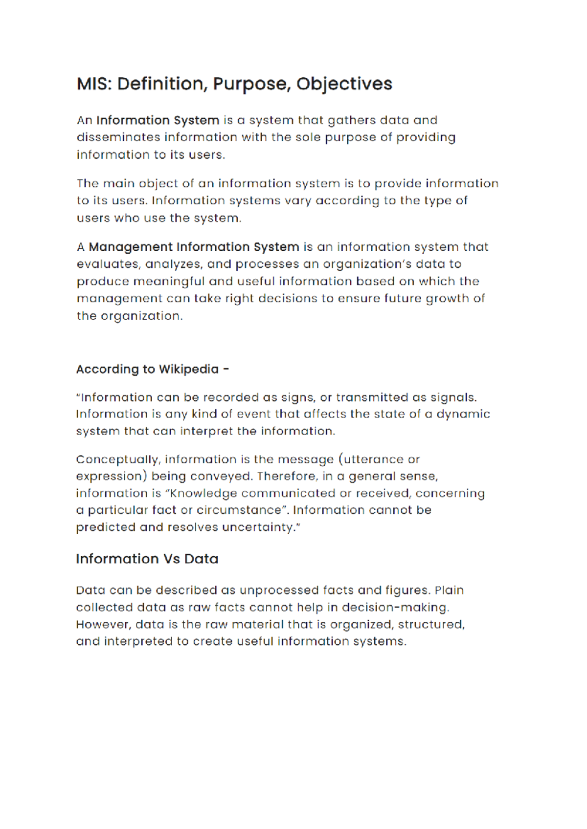 UNIT-1 MIS Notes - MIS: Definition, Purpose, Objectives An Information ...