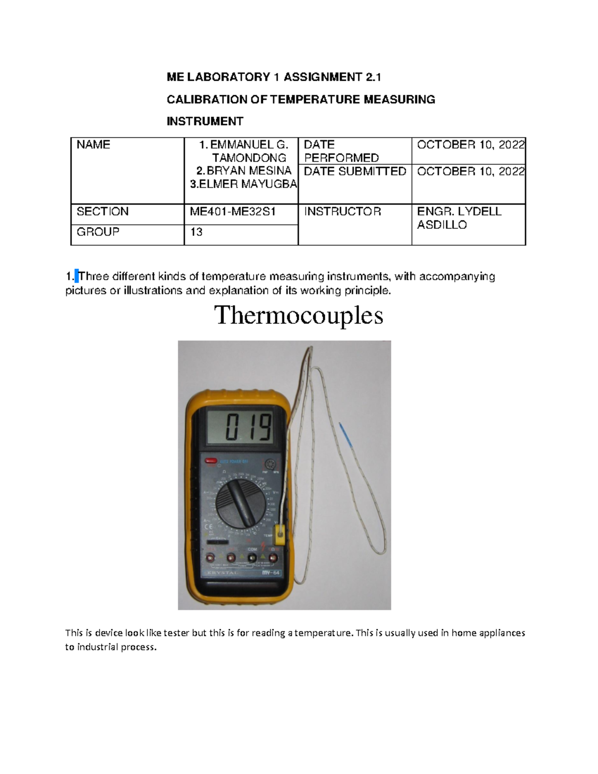 ME-LAB 1 Assignment 2.1 Group 13 - ME LABORATORY 1 ASSIGNMENT 2 ...