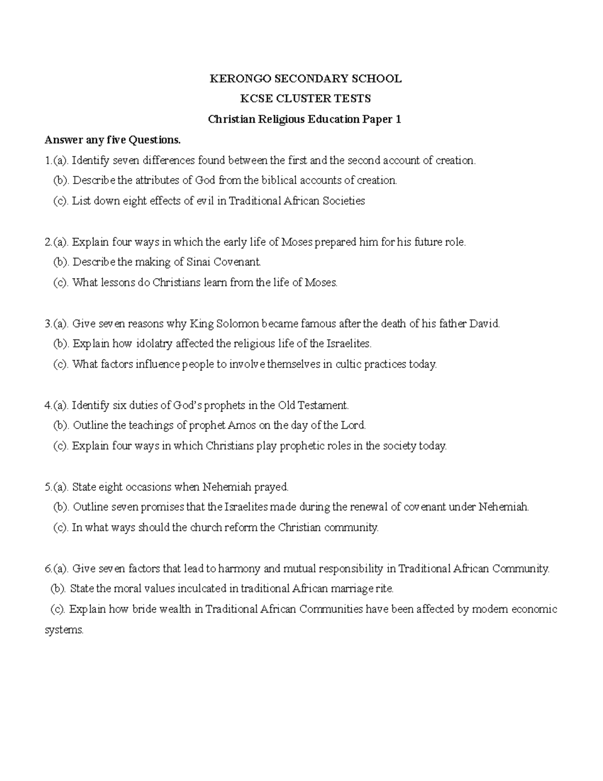 CRE Paper 1 EXAM Thursday - KERONGO SECONDARY SCHOOL KCSE CLUSTER TESTS ...