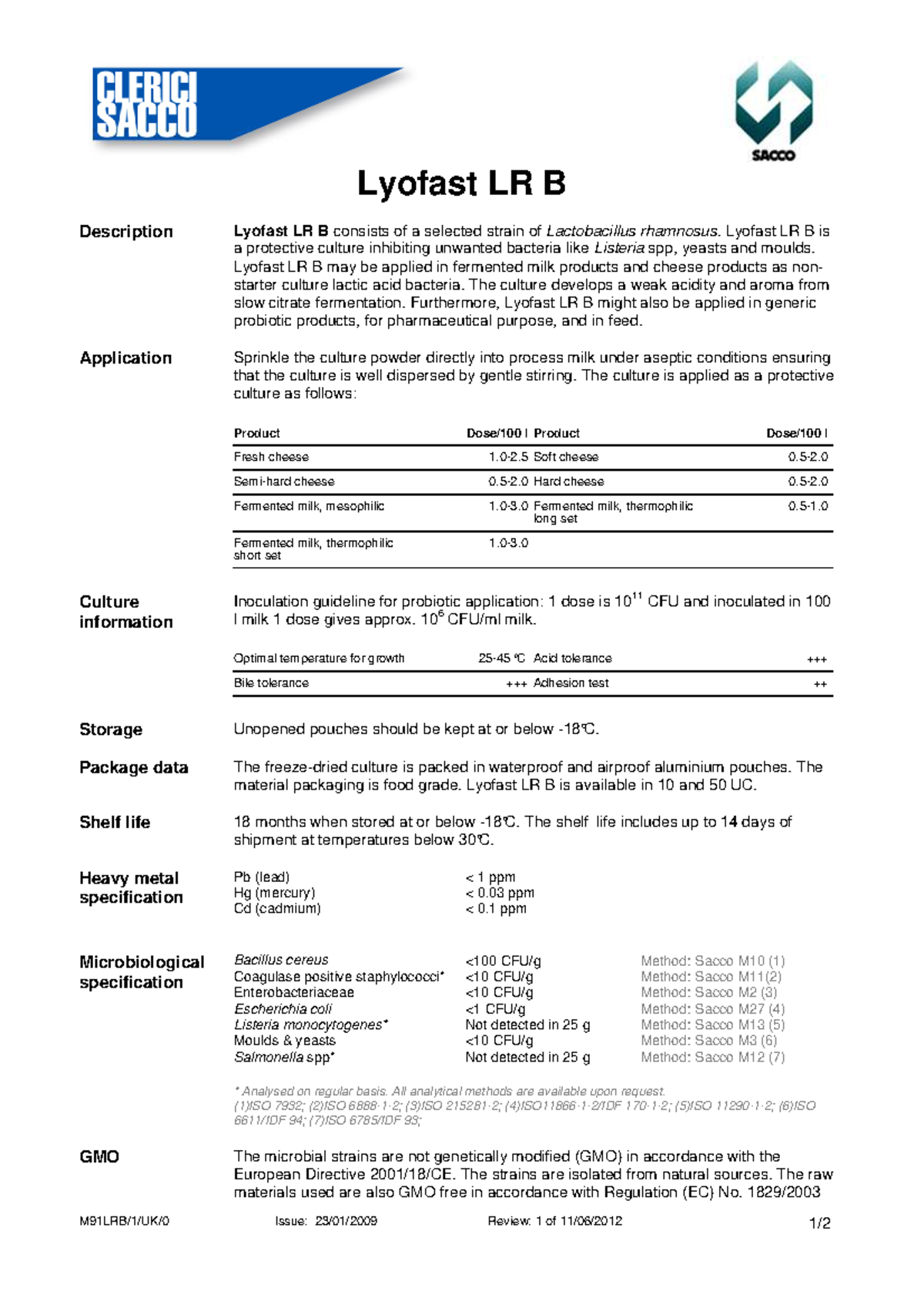 Lrb - Sirve como conservante - Lyofast LR B M91LRB/1/UK/0 Issue: 23/01 ...