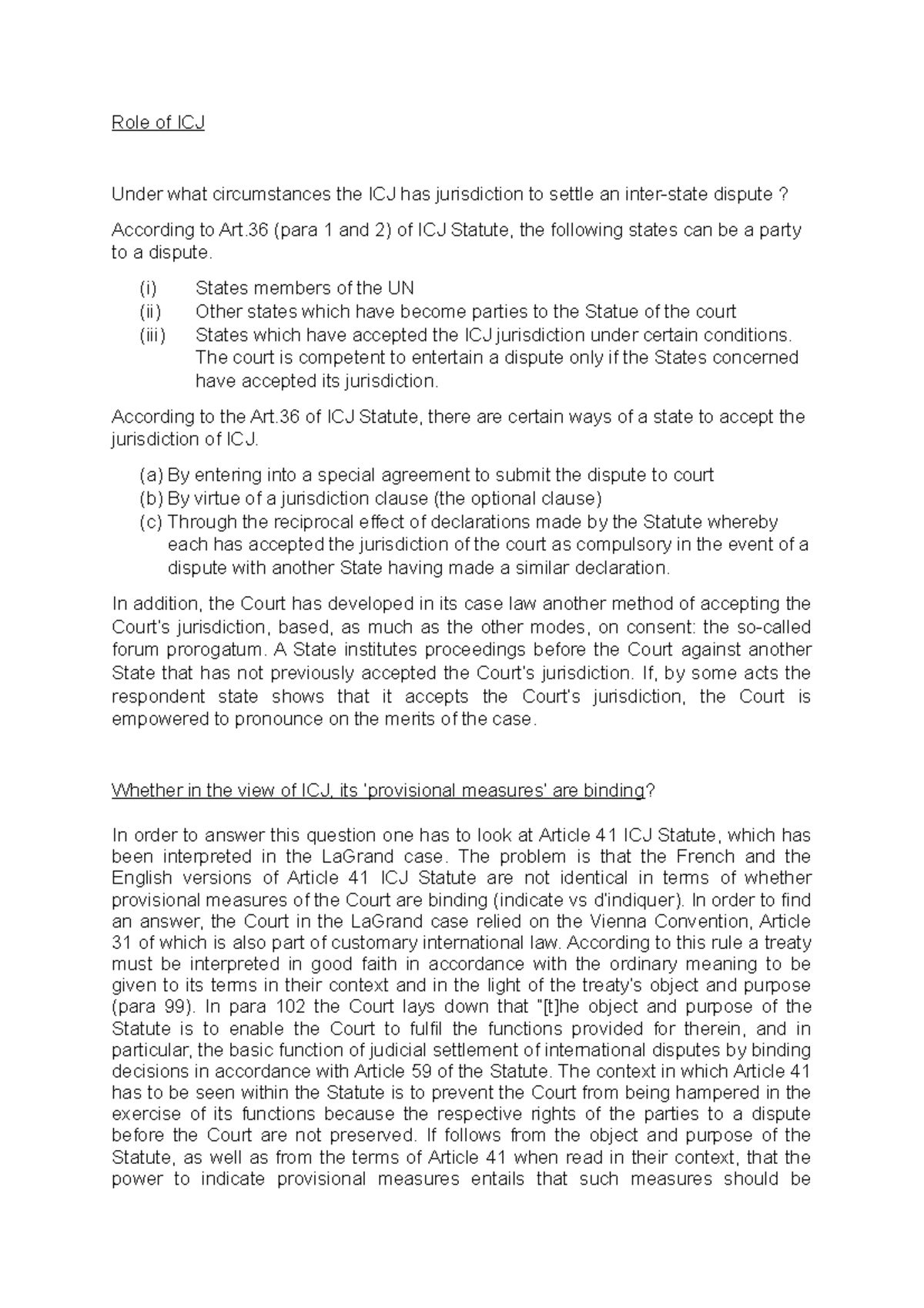 Role of ICJ in International Law Studies - Role of ICJ Under what ...