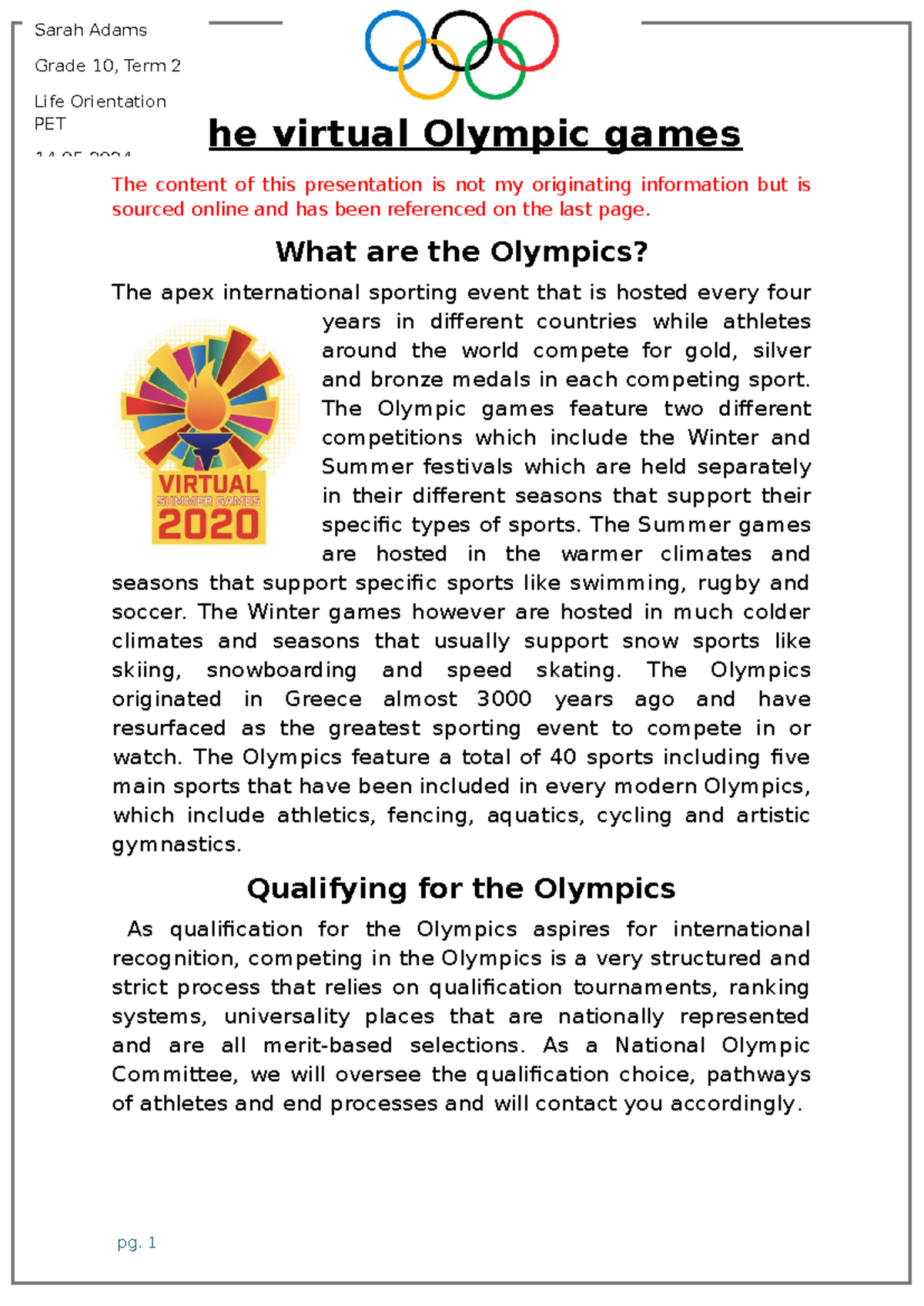 (T2) [W] LO presentation task - The virtual Olympic games The content ...