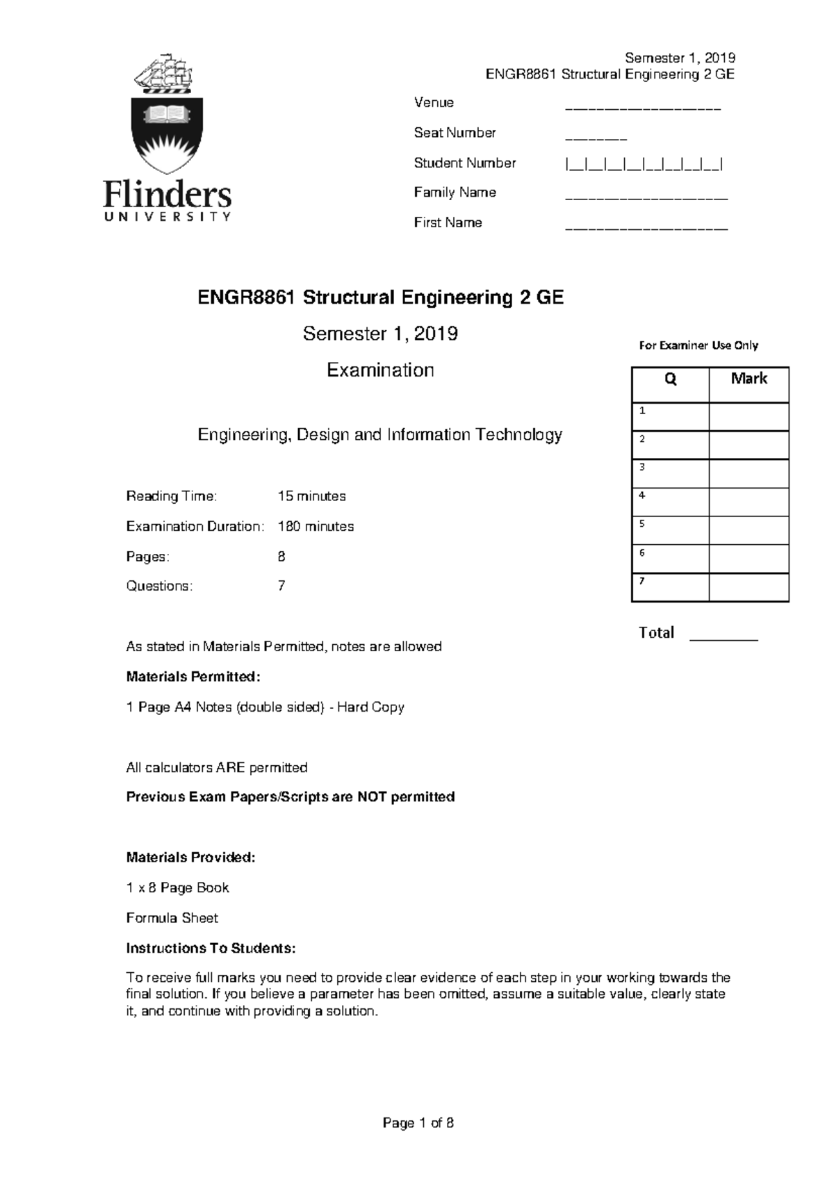 Past Exam Structural Engineering 2 GE - ENGR8861 Structural Engineering ...