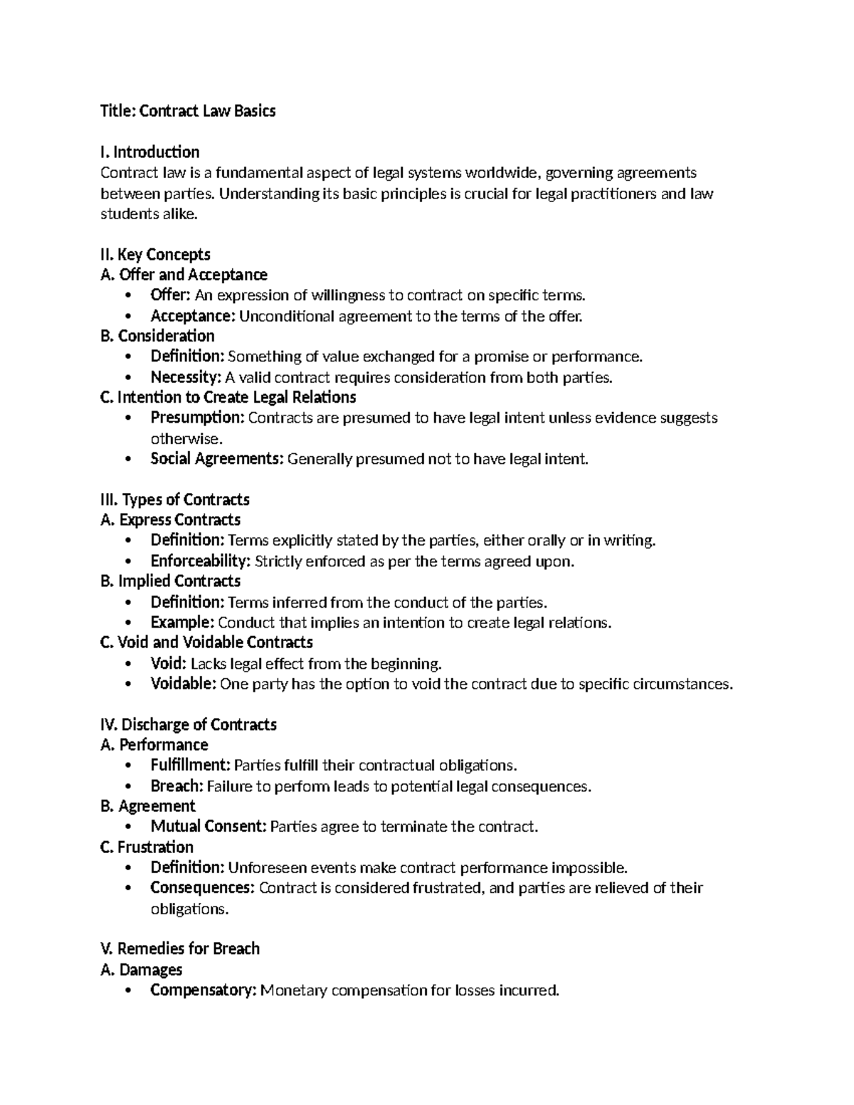 Contract Law Outline - Title: Contract Law Basics I. Introduction Contract law is a fundamental ...