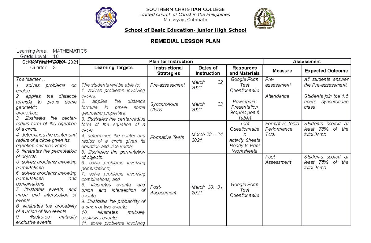 Remedial Lesson PLAN - SOUTHERN CHRISTIAN COLLEGE United Church of ...