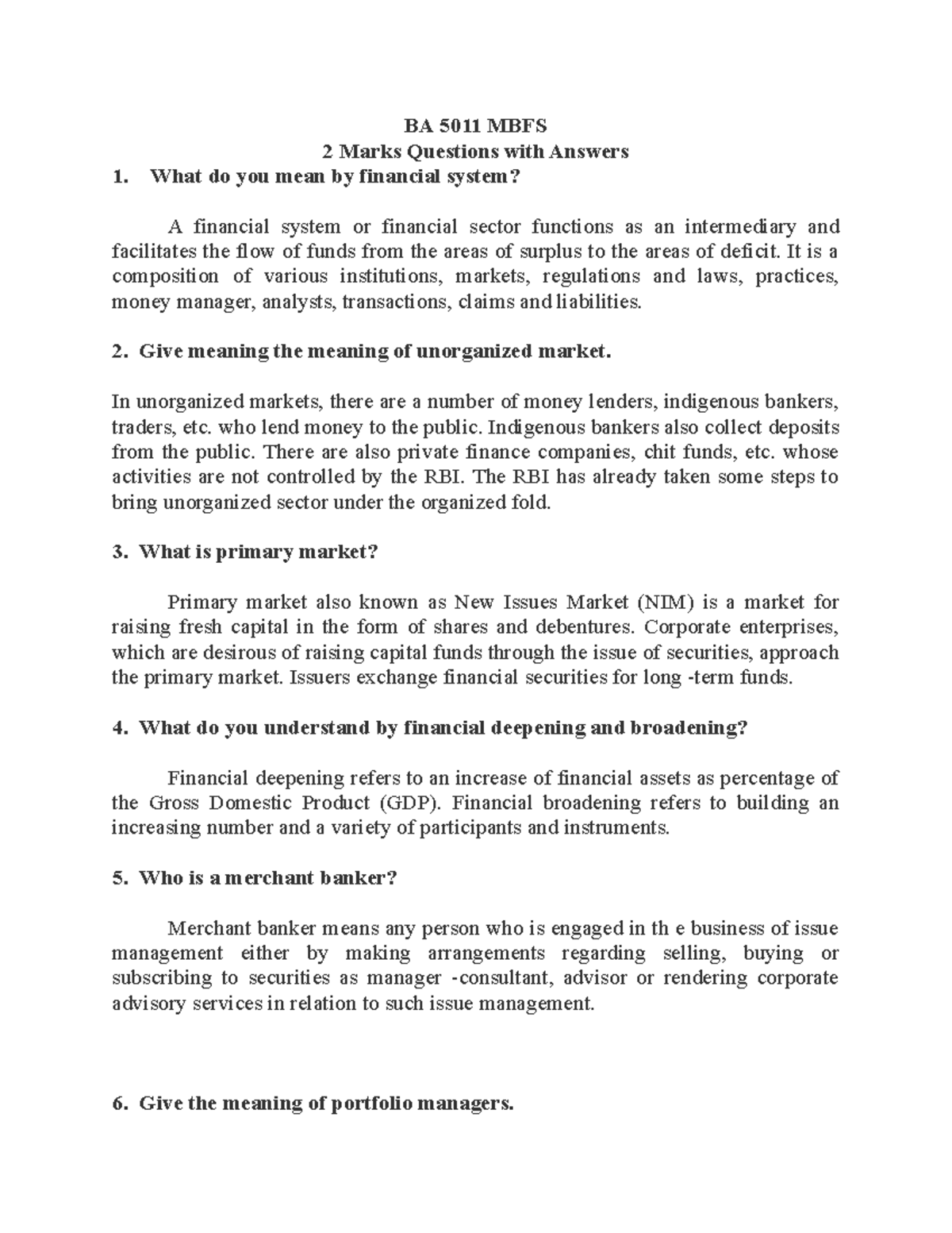 2 Marks MBFS Key - merchant Banking - BA 5011 MBFS 2 Marks Questions ...