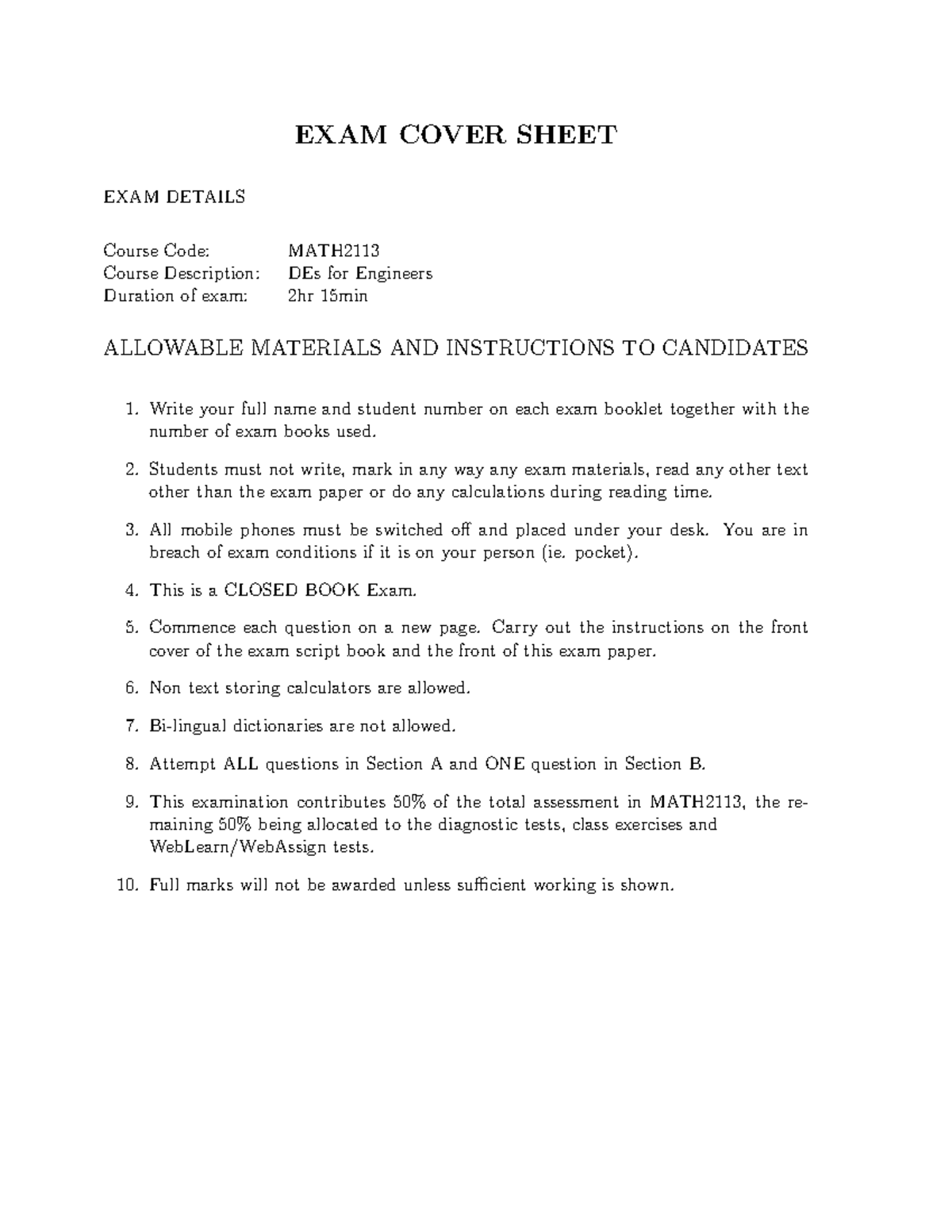 Sample/practice exam - EXAM COVER SHEET EXAM DETAILS Course Code: MATH ...