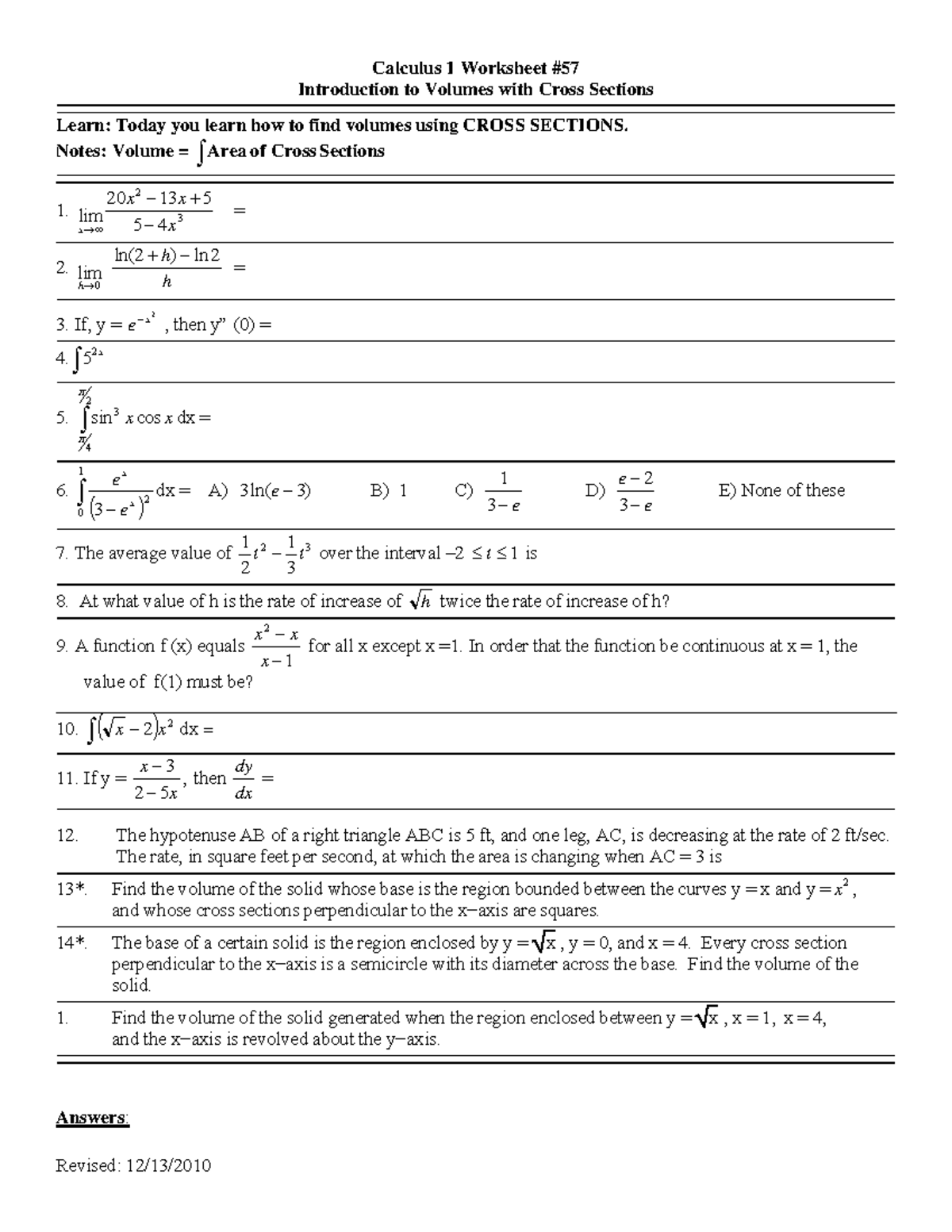 AB ws 057 Volumes Cross Sections - Calculus 1 Worksheet # - Studocu