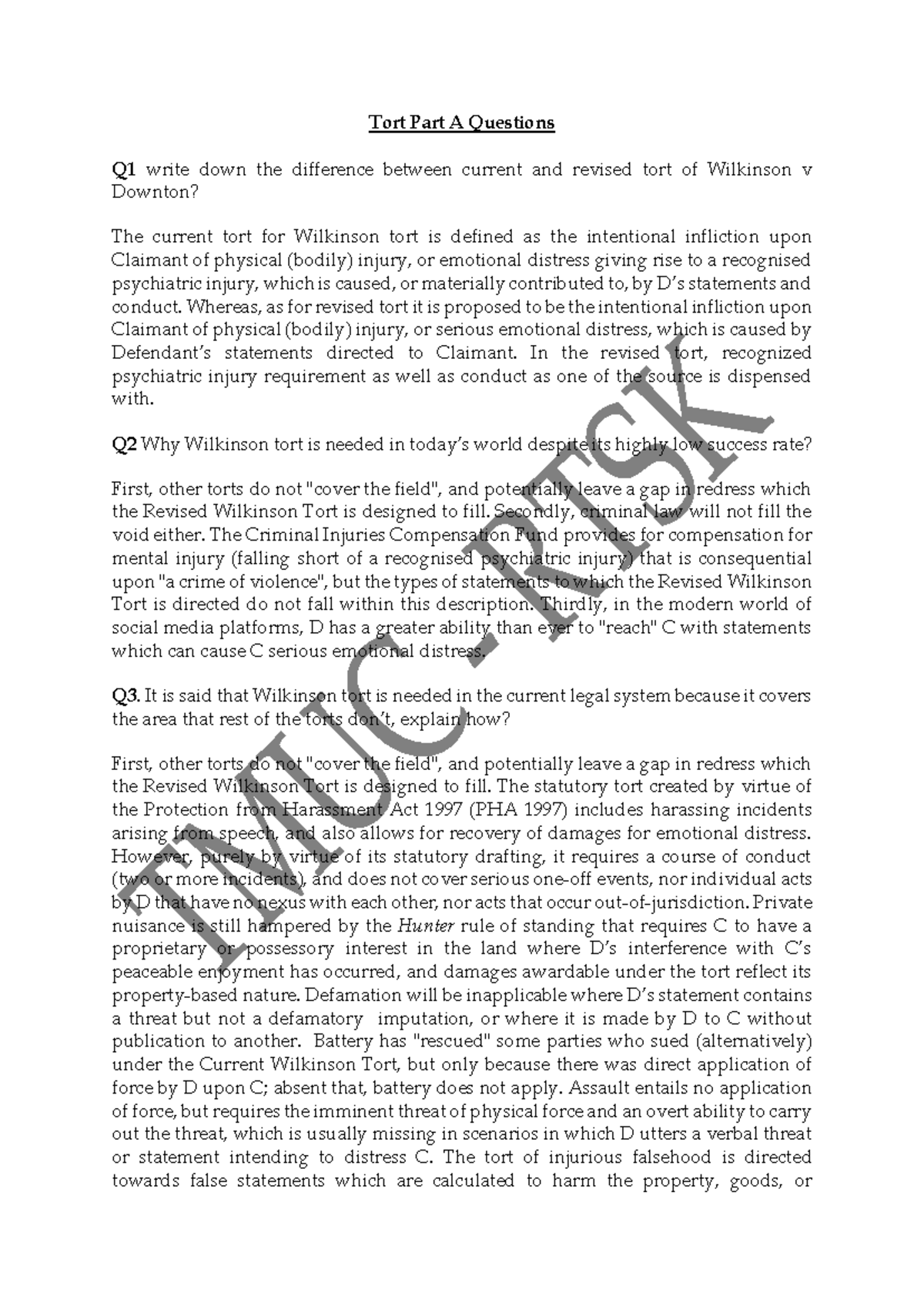 Tort Part A Question Answers by RTSK - Tort Part A Questions Q1 write ...