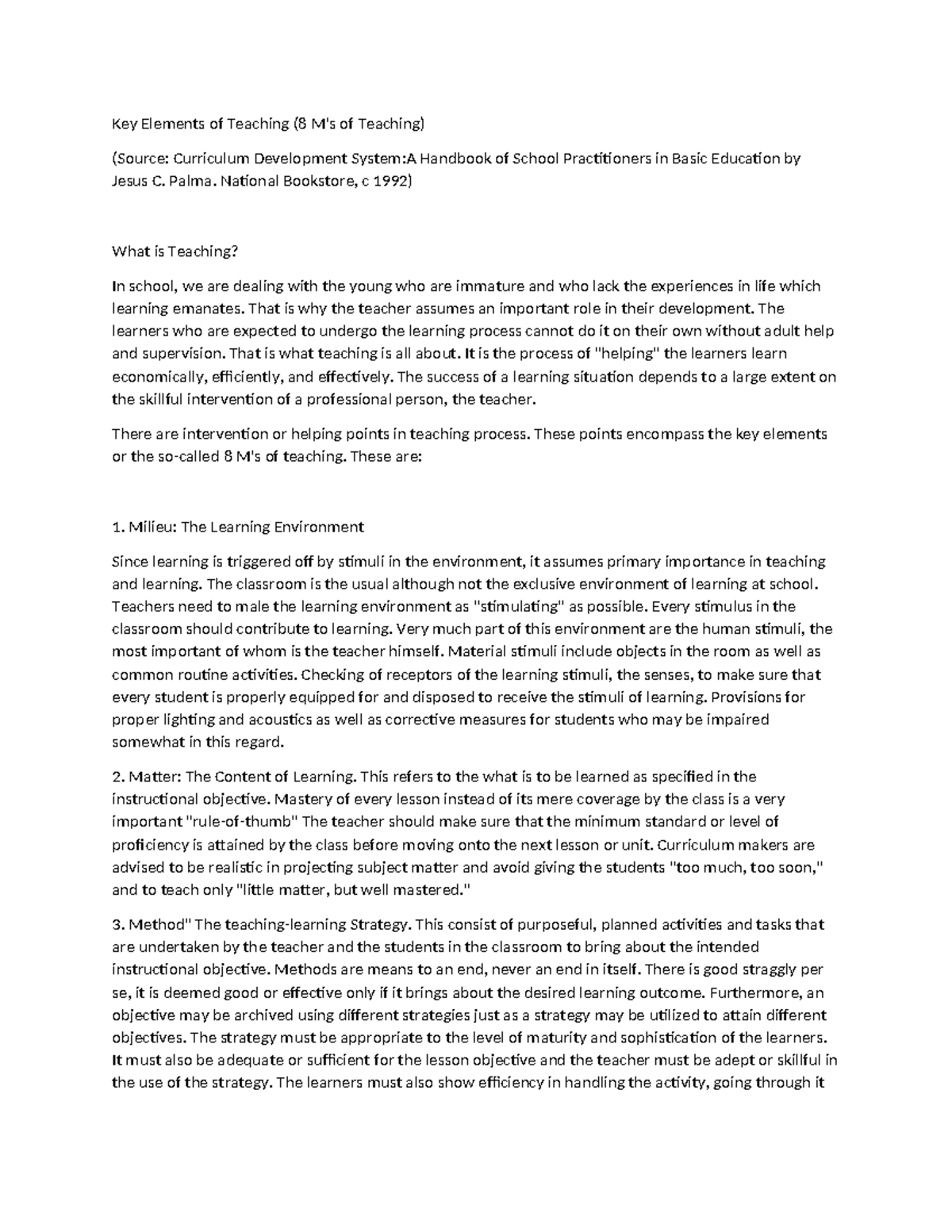 Key Elements of Teaching - Palma. National Bookstore, c 1992) What is ...