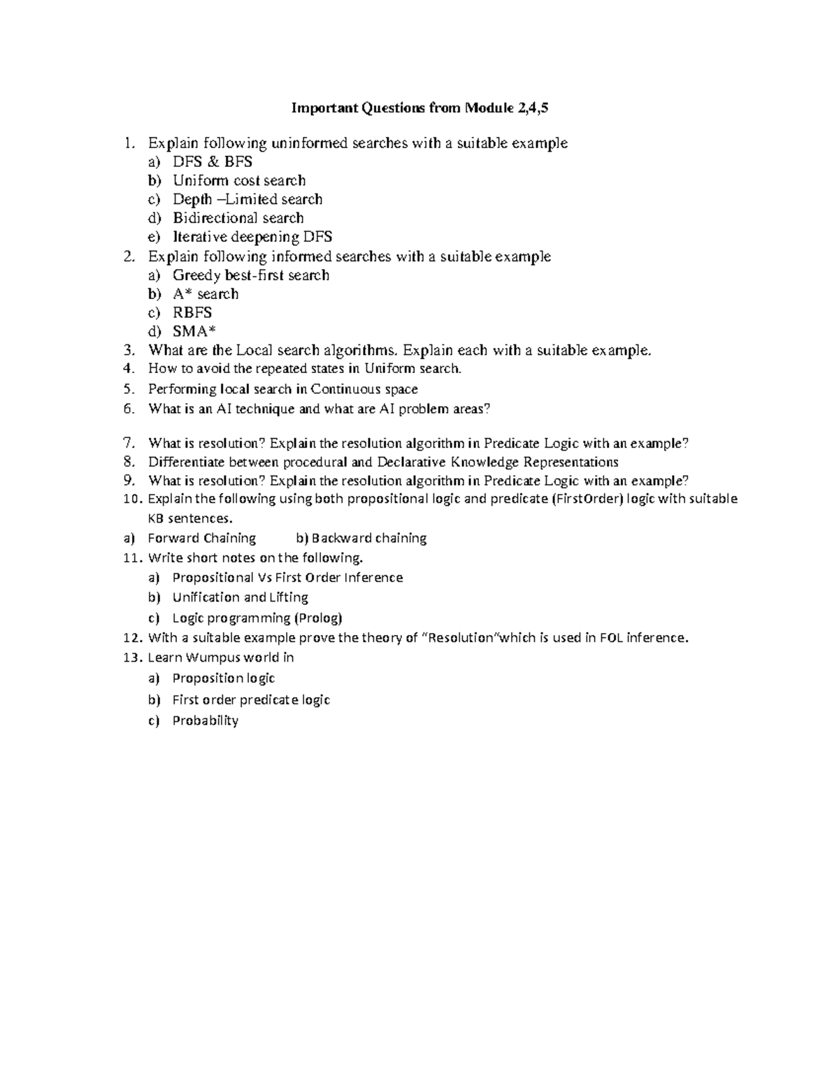 AI important questions - Important Questions from Module 2,4, 1 ...