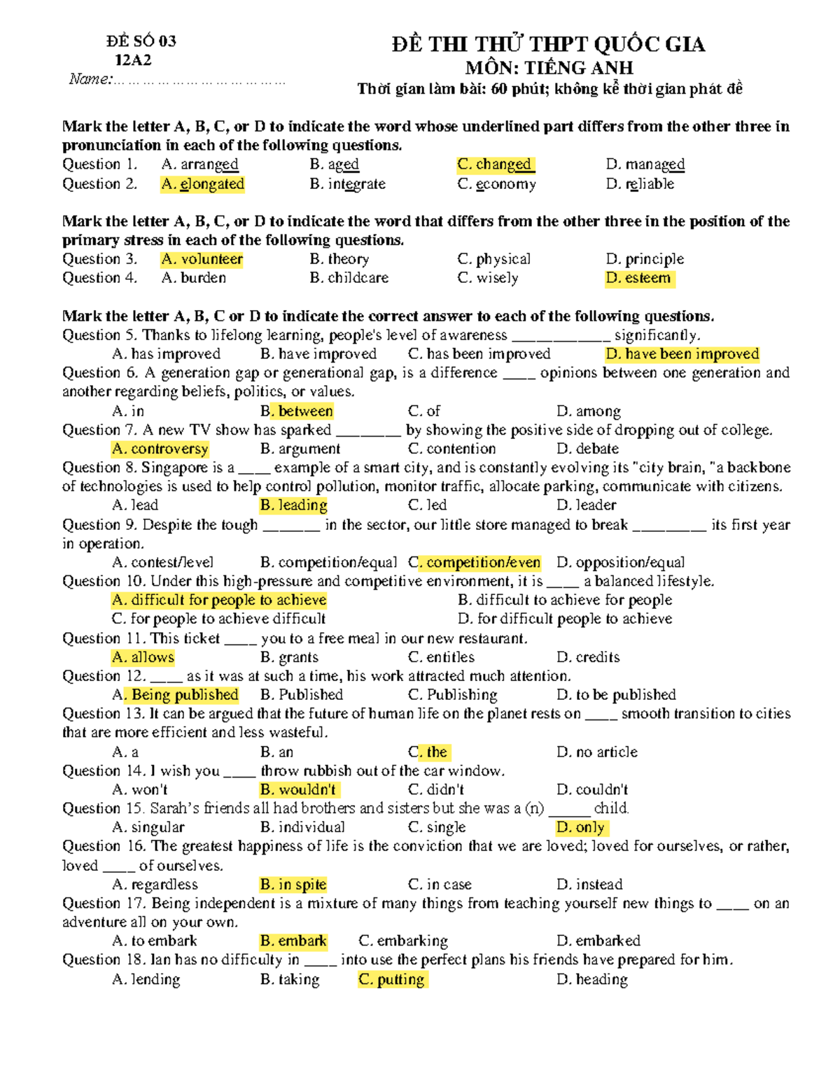 12A2 ĐỀ SỐ 03 - abc - ĐỀ SỐ 03 12A Name:.................................... ĐỀ THI THỬ THPT ...
