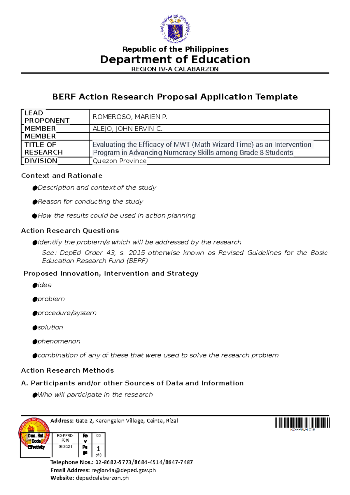 Action Research Proposal Template 2 - Republic of the Philippines ...