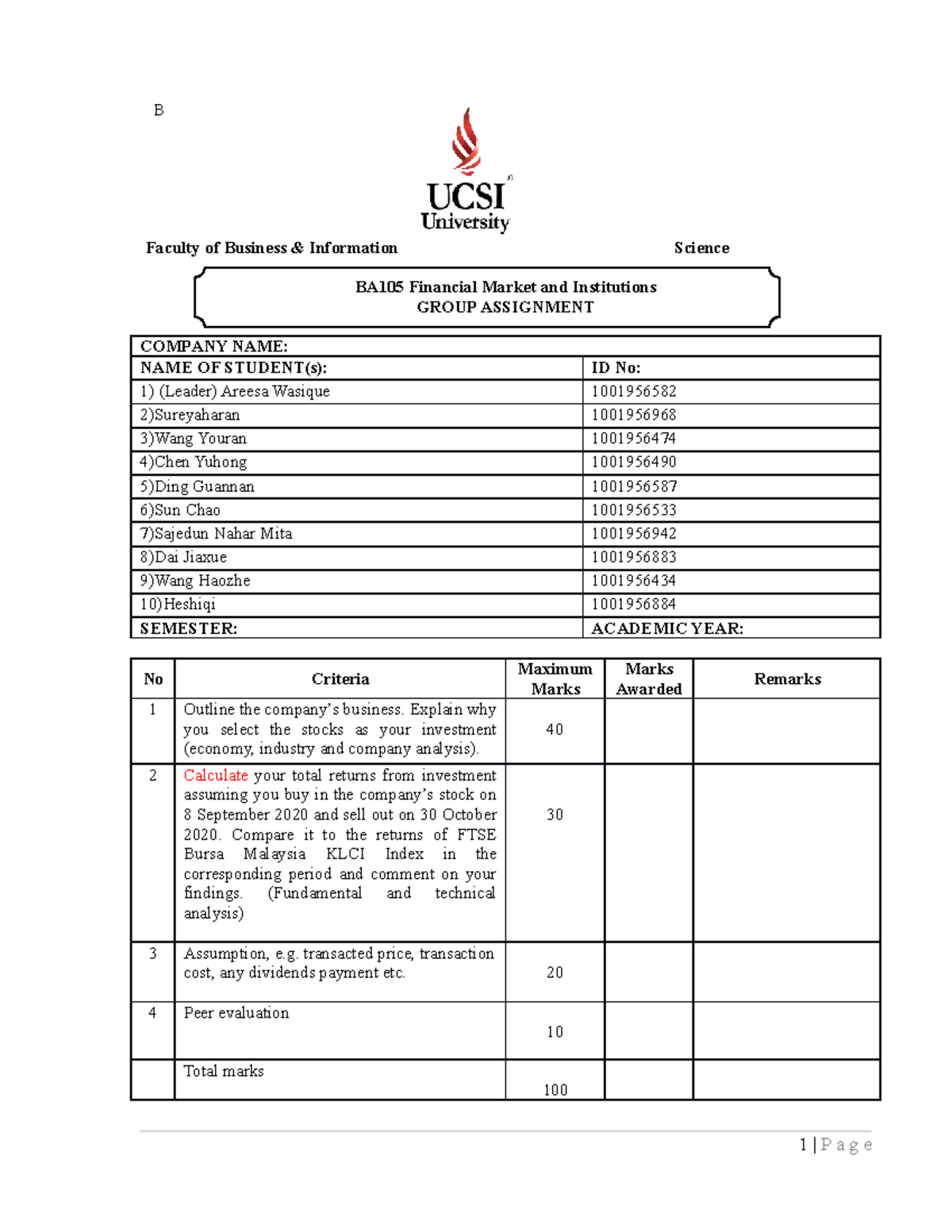 BA105 Group Assignment - B Faculty of Business & Information Science ...