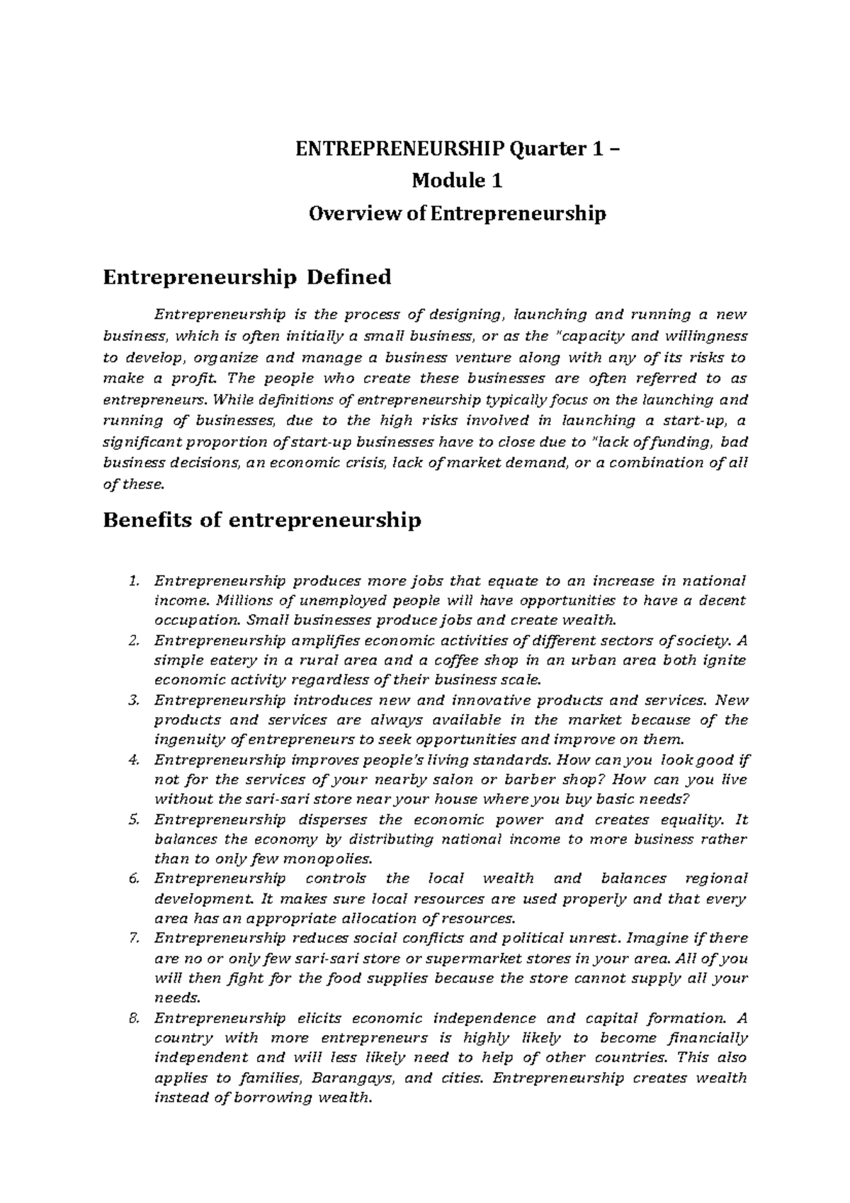 Entrepreneurship Quarter 1 M1 M2 - ENTREPRENEURSHIP Quarter 1 – Module ...