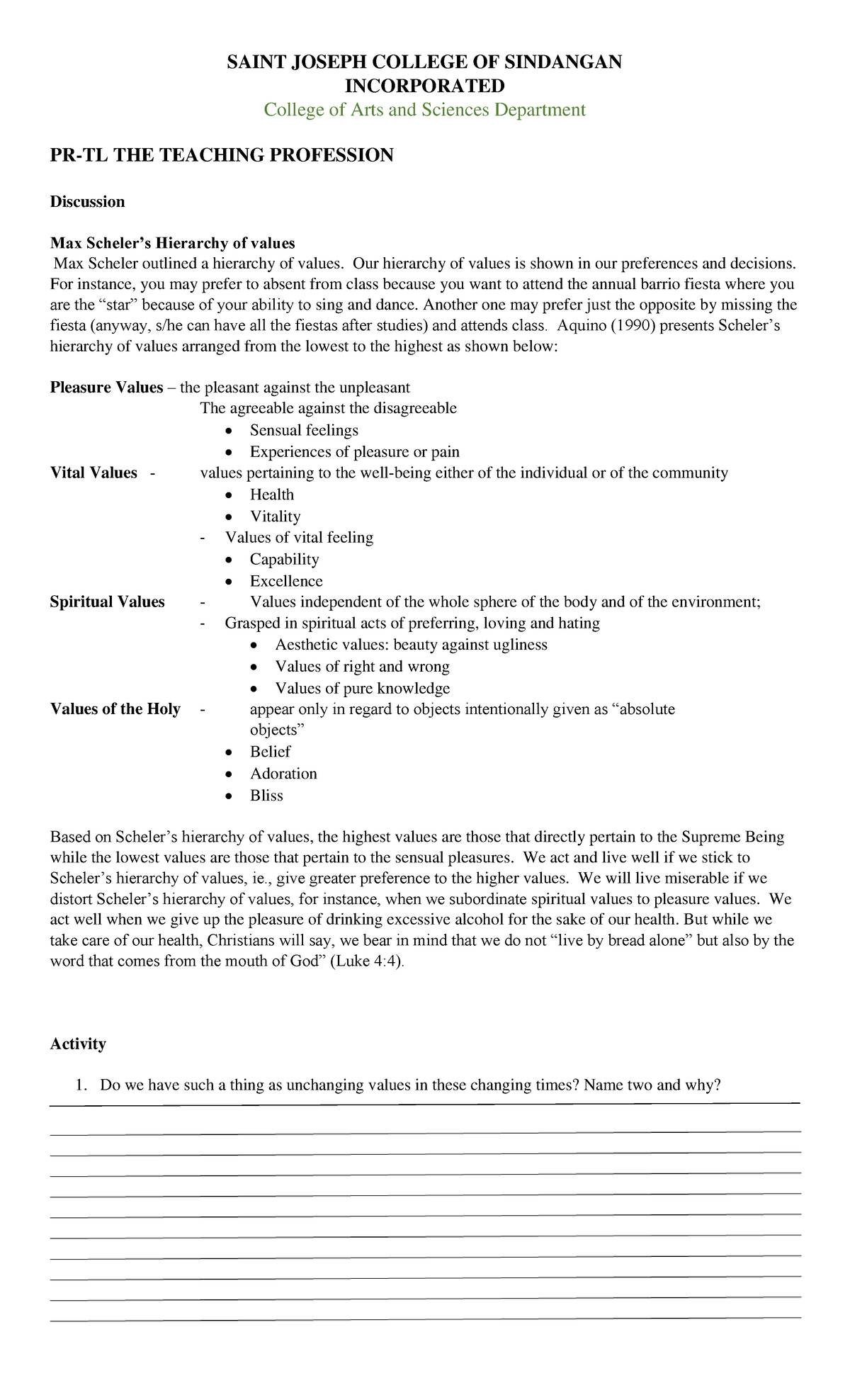 Max Scheler’s Hierarchy of Values - SAINT JOSEPH COLLEGE OF SINDANGAN ...