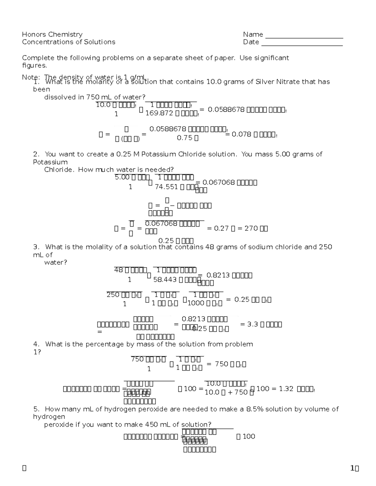 HW - Concentrations of solutions Answers - Honors Chemistry ...
