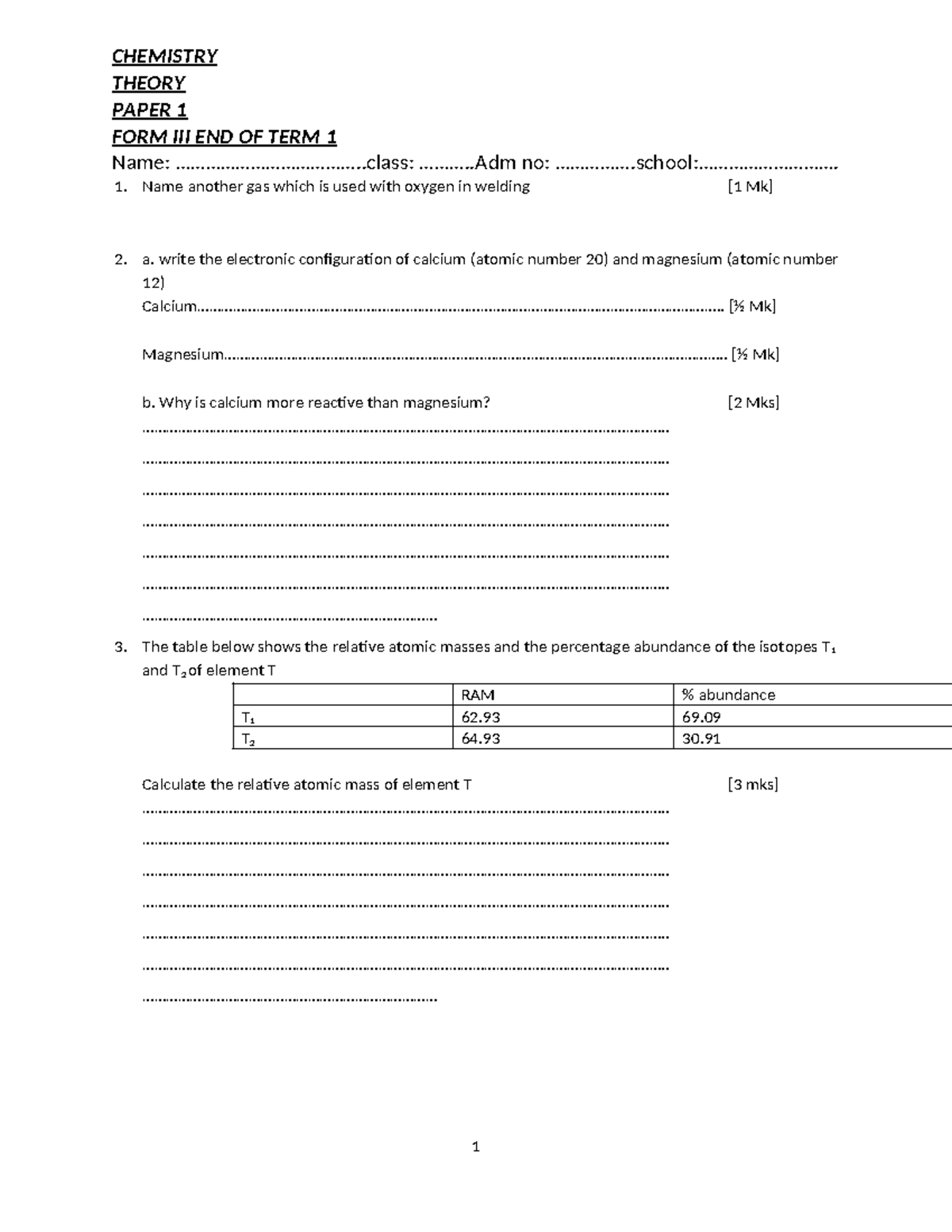 Chemistry F 3 PP1 - CHEMISTRY THEORY PAPER 1 FORM III END OF TERM 1 ...