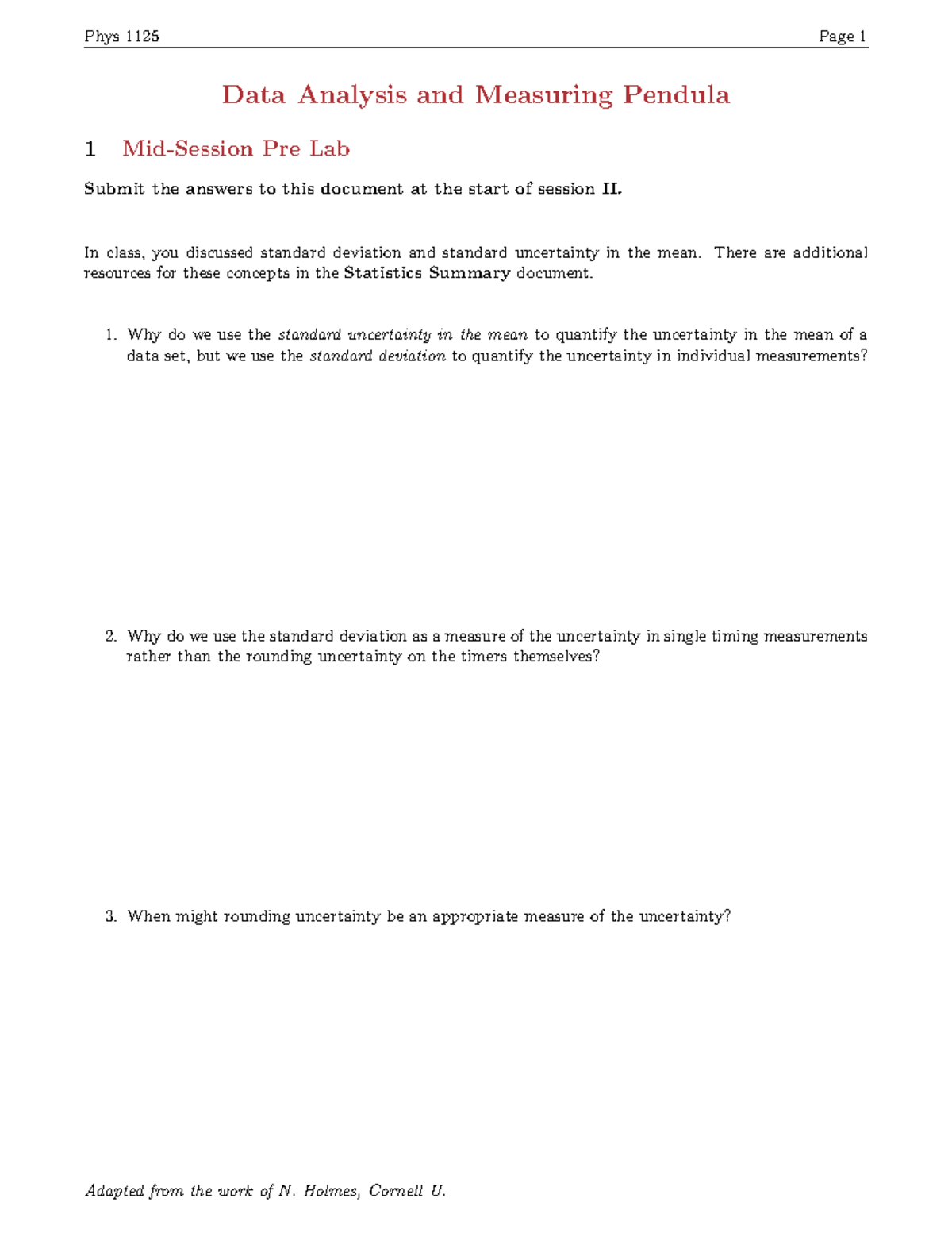 Pendulum for Pros Pre Lab - Phys 1125 Page 1 Data Analysis and Measuring Pendula 1 Mid-Session ...