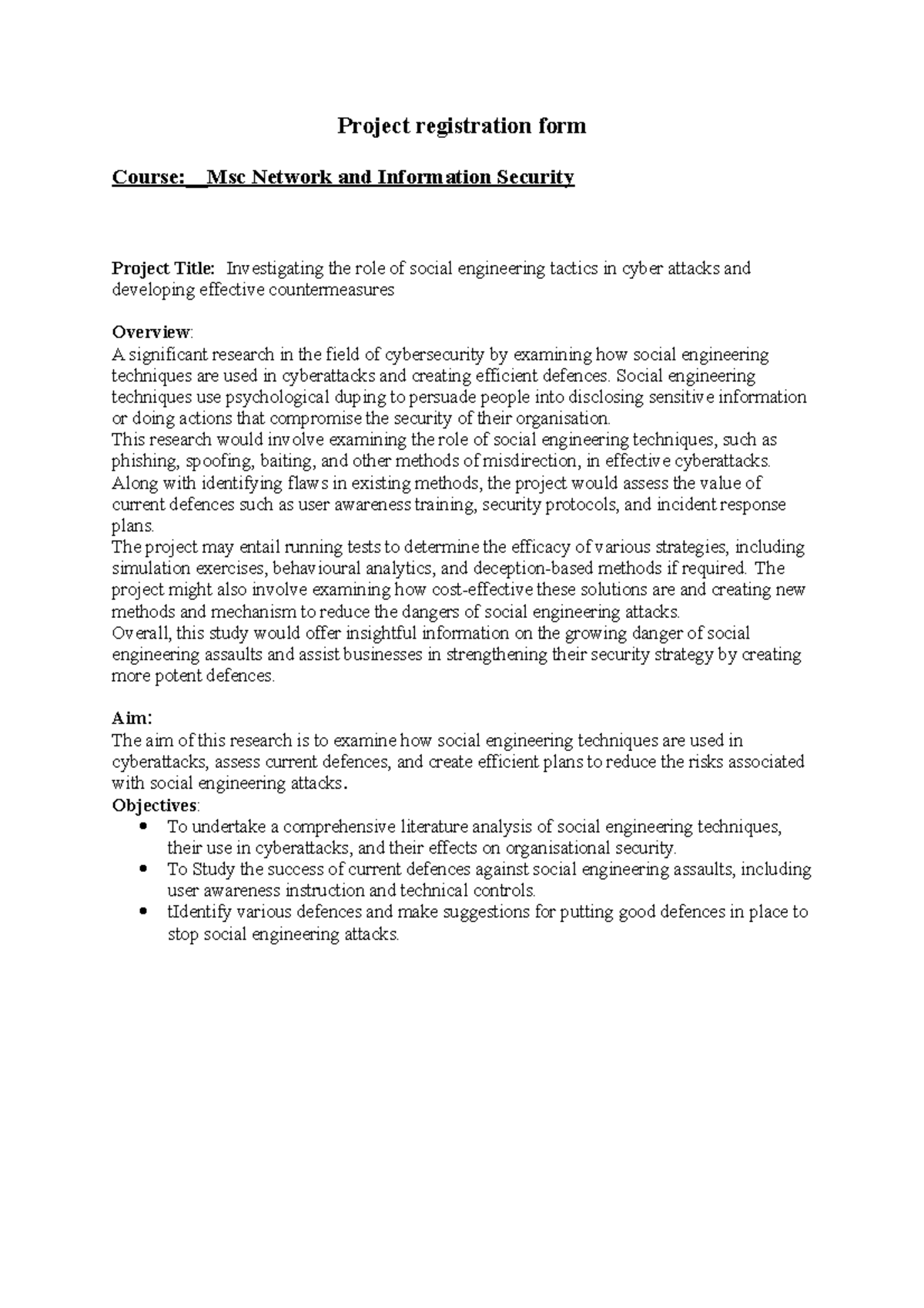 Project Registration Form - Project registration form Course:__Msc ...