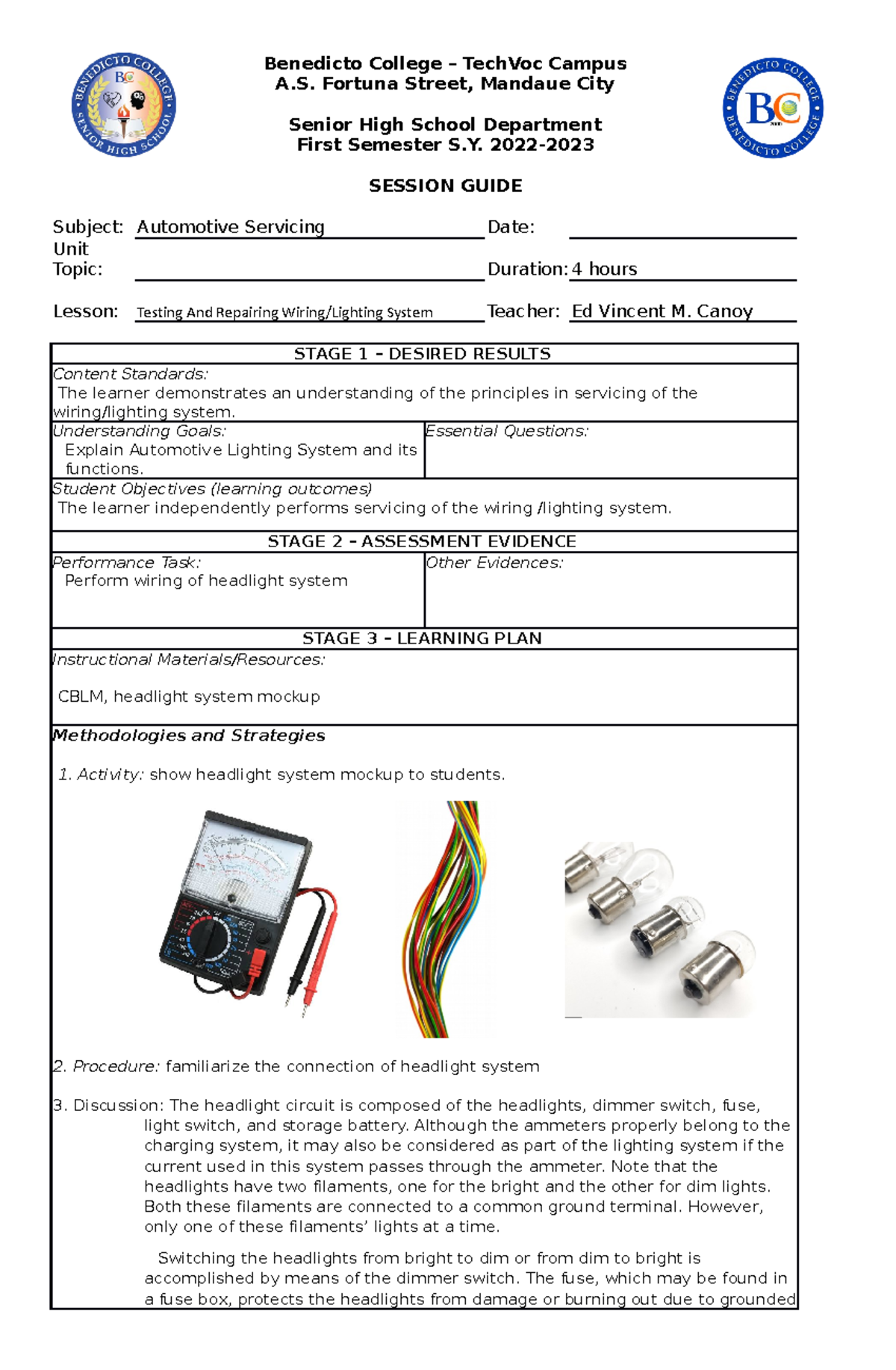 Lesson guide for school - Benedicto College – TechVoc Campus A. Fortuna ...