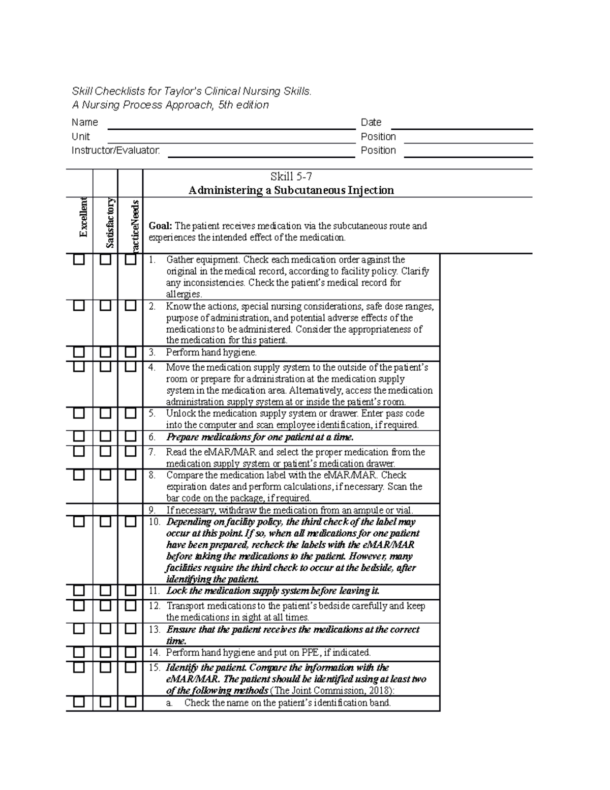 Skill Checklist for Subcutaneous Injection - Skill Checklists for ...