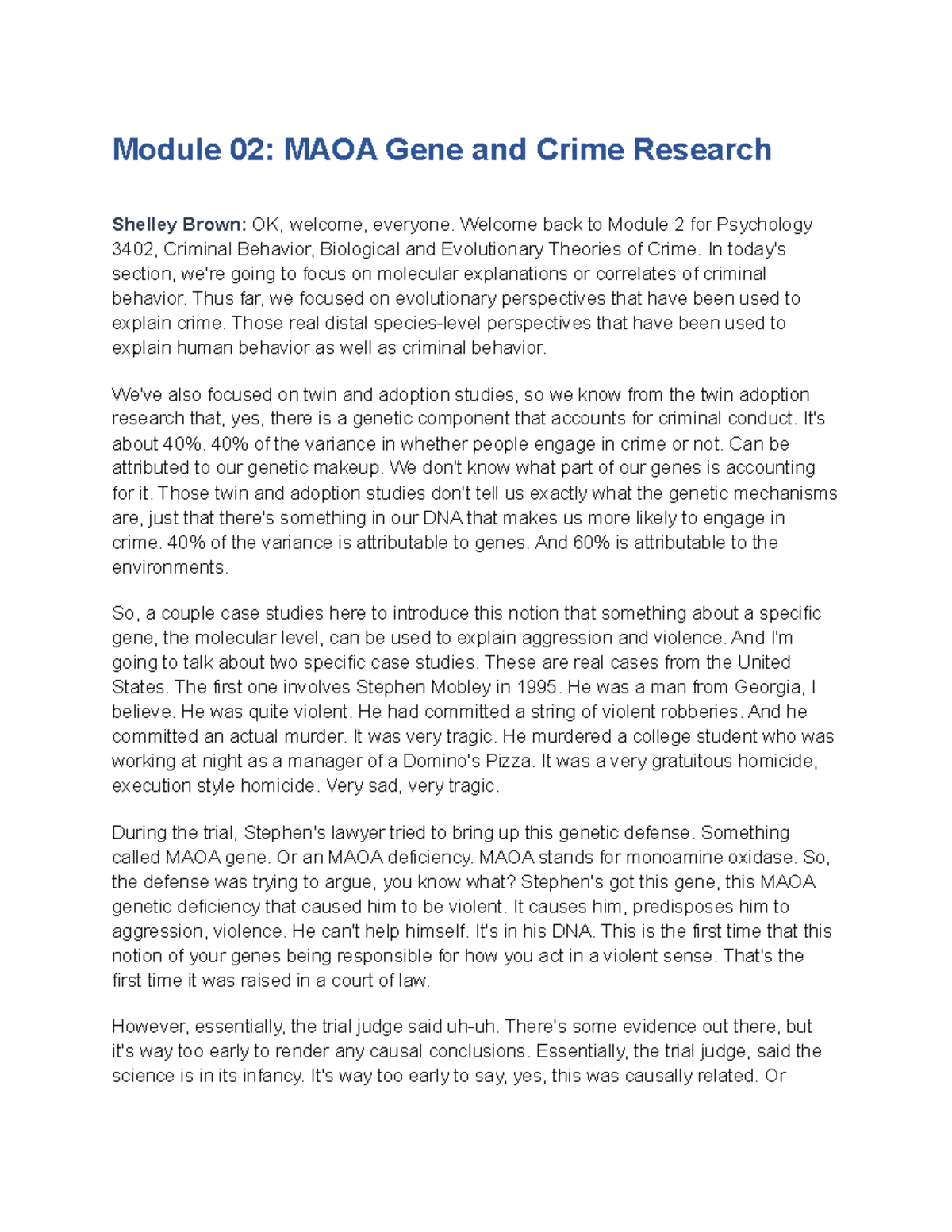 Module 02 MAOA Gene and Crime Research - Module 02: MAOA Gene and Crime ...