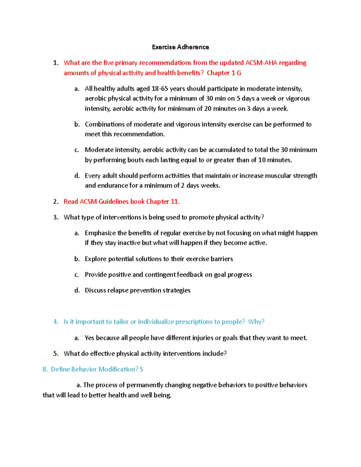 Exercise Adherence Questions - Exercise Adherence What are the five ...