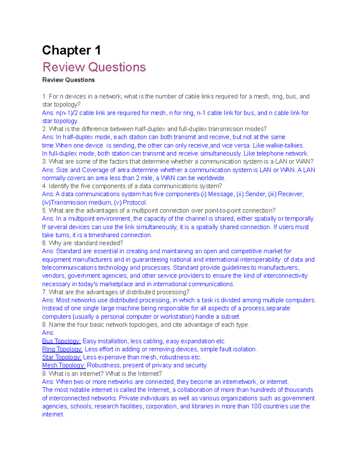 Datacom Book questions - Chapter 1 Review Questions Review Questions For n devices in a network ...