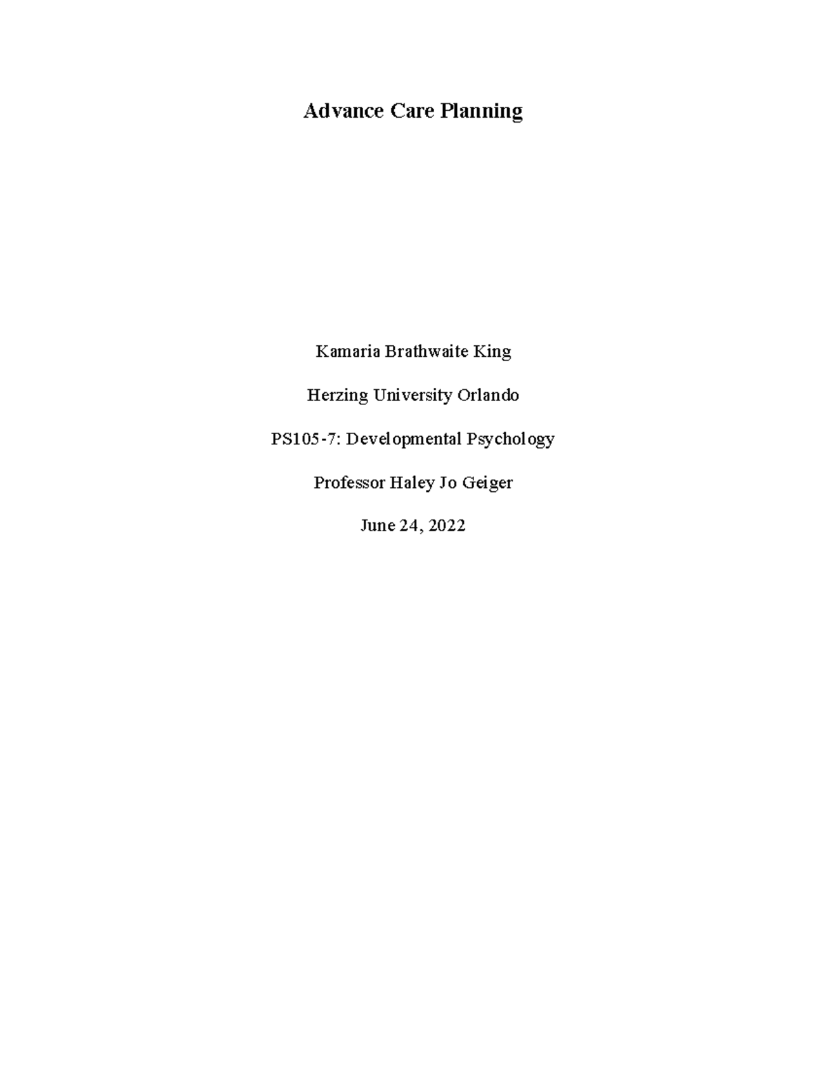 Advance Care Planning - Care plan paper - Advance Care Planning Kamaria ...