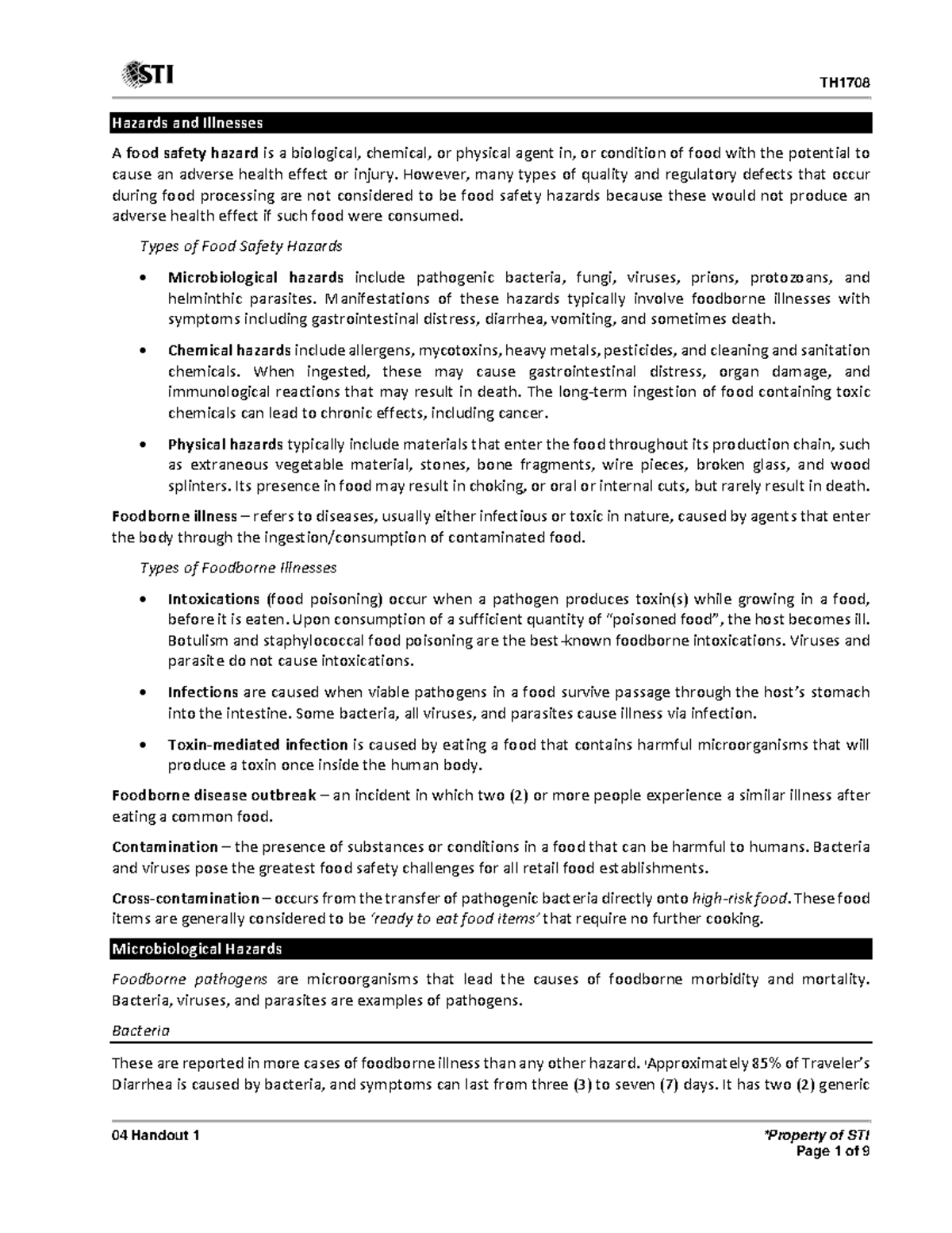 Hazards and Illness - 04 Handout 1 *Property of STI Hazards and ...