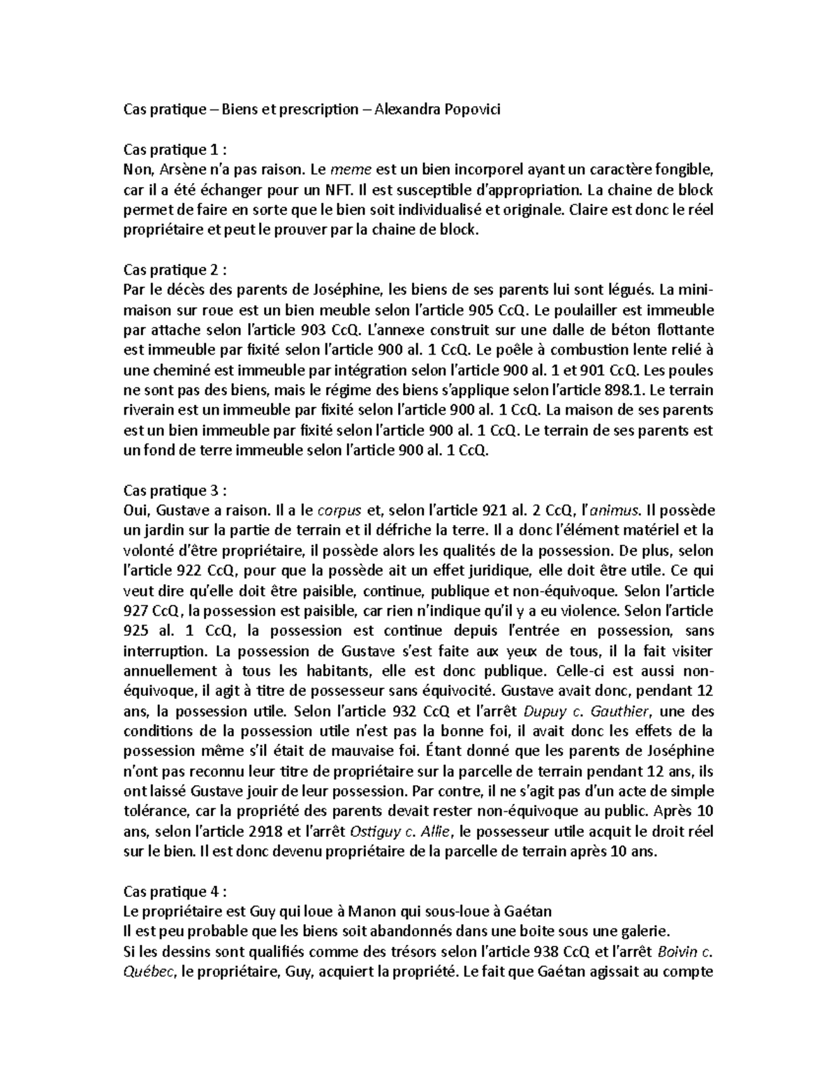 Cas pratiques 1 à 10 - Alexandra Popovici - Cas pratique – Biens et ...