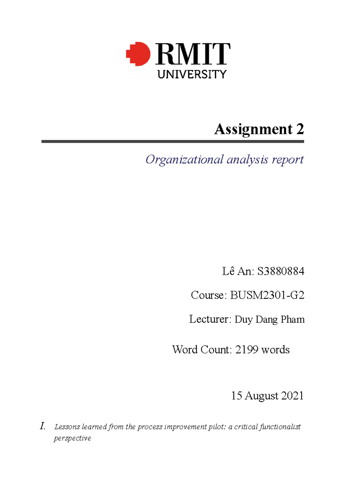 BUSM2301-Assignment 2-Le An-s3880884 - Assignment 2 Organizational ...