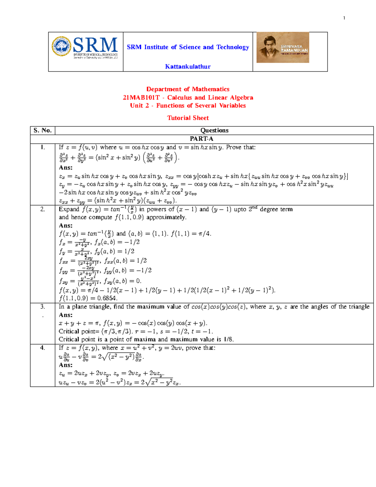 Tutorial Solution - 1 SRM Institute of Science and Technology ...