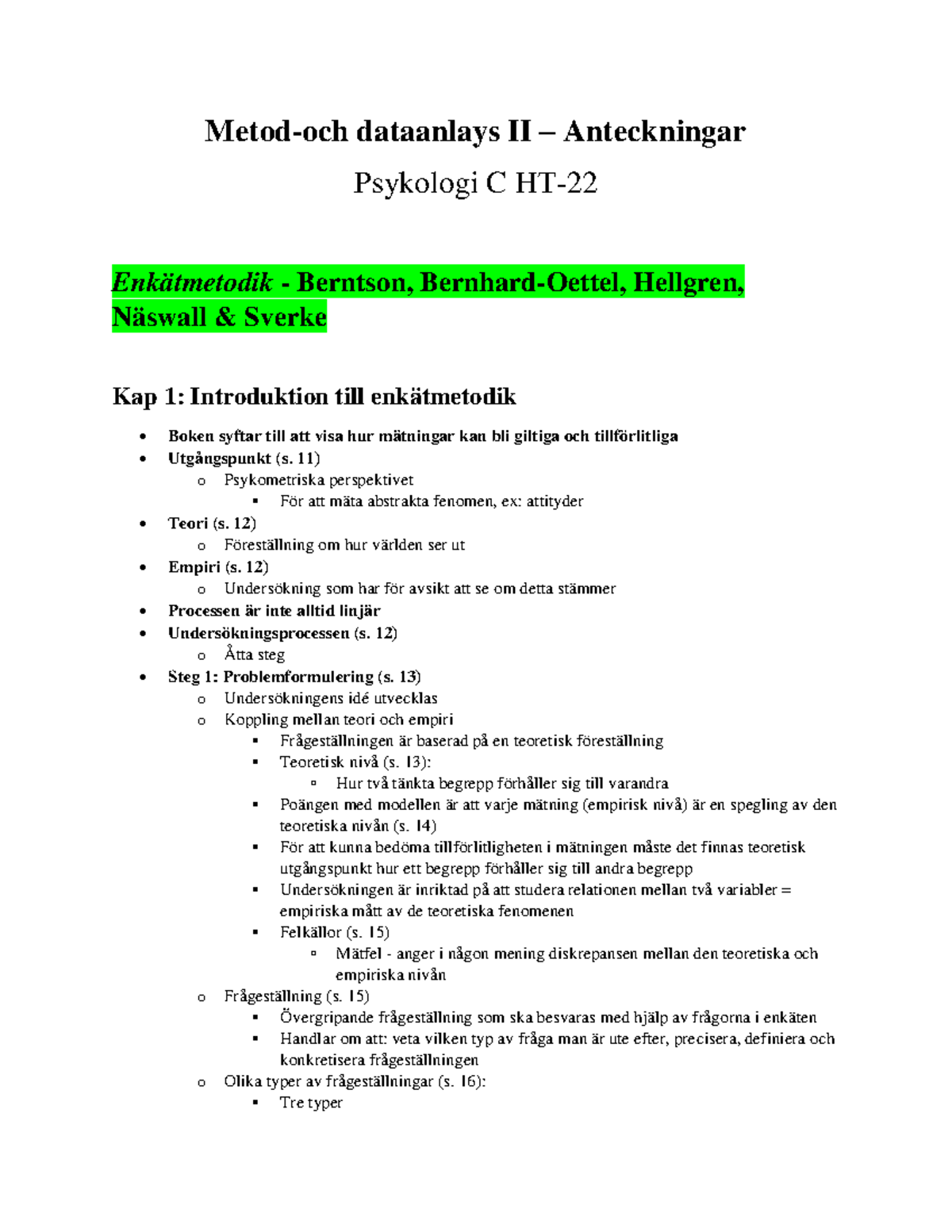 Anteckningar Metod-och dataanalys II HT22 - Metod-och dataanlays II – Anteckningar Psykologi C ...