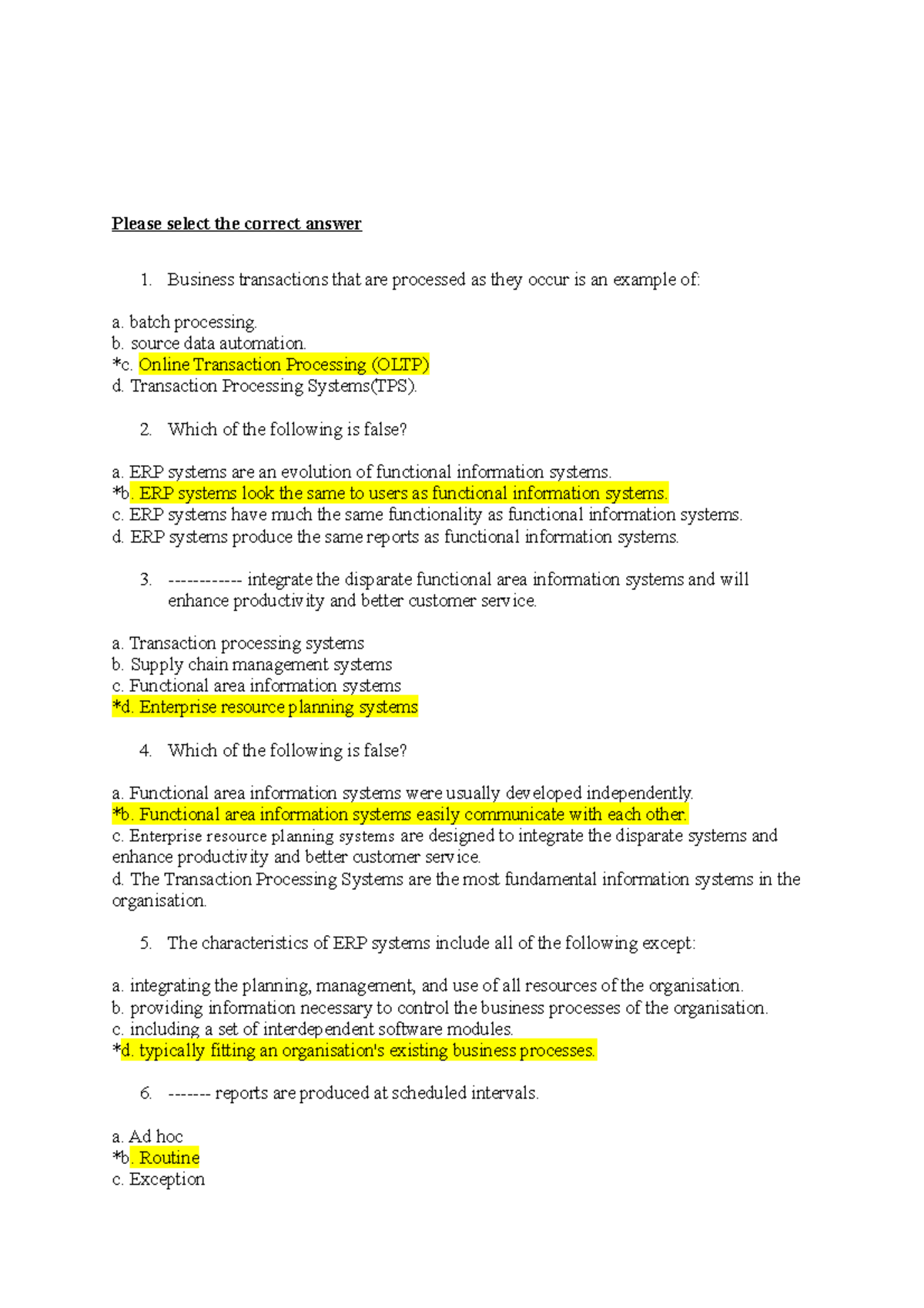 Information systems practice quiz answers - Please select the correct ...