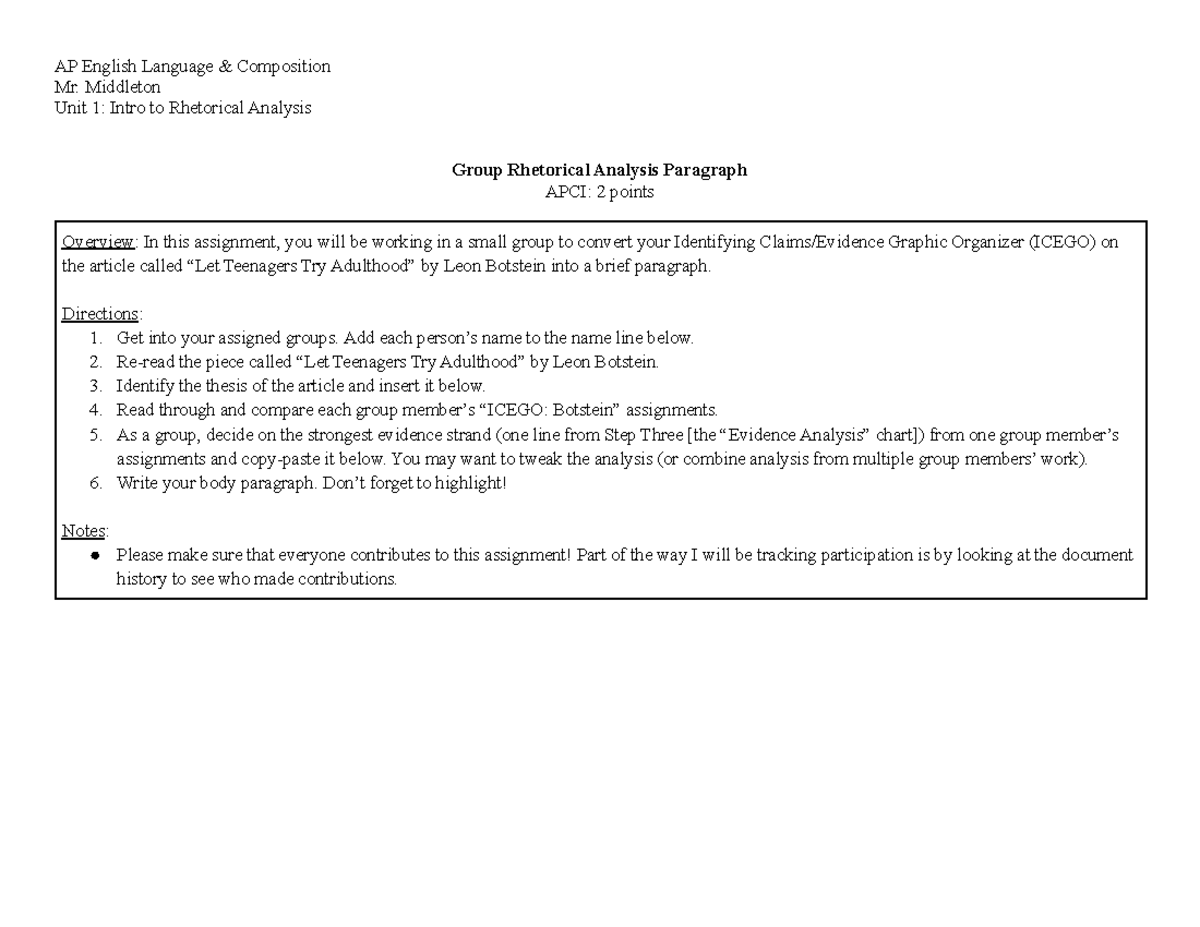 Group Rhetorical Analysis Paragraph Practice For Beginners - AP English ...