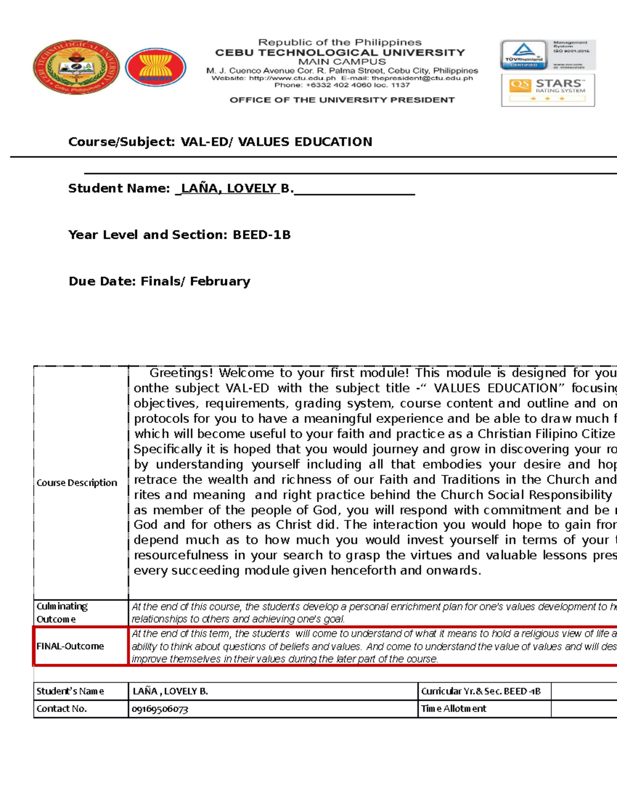 LAÑA Lovely Module VAL ED NAGA - delacruz Course/Subject: VAL-ED ...