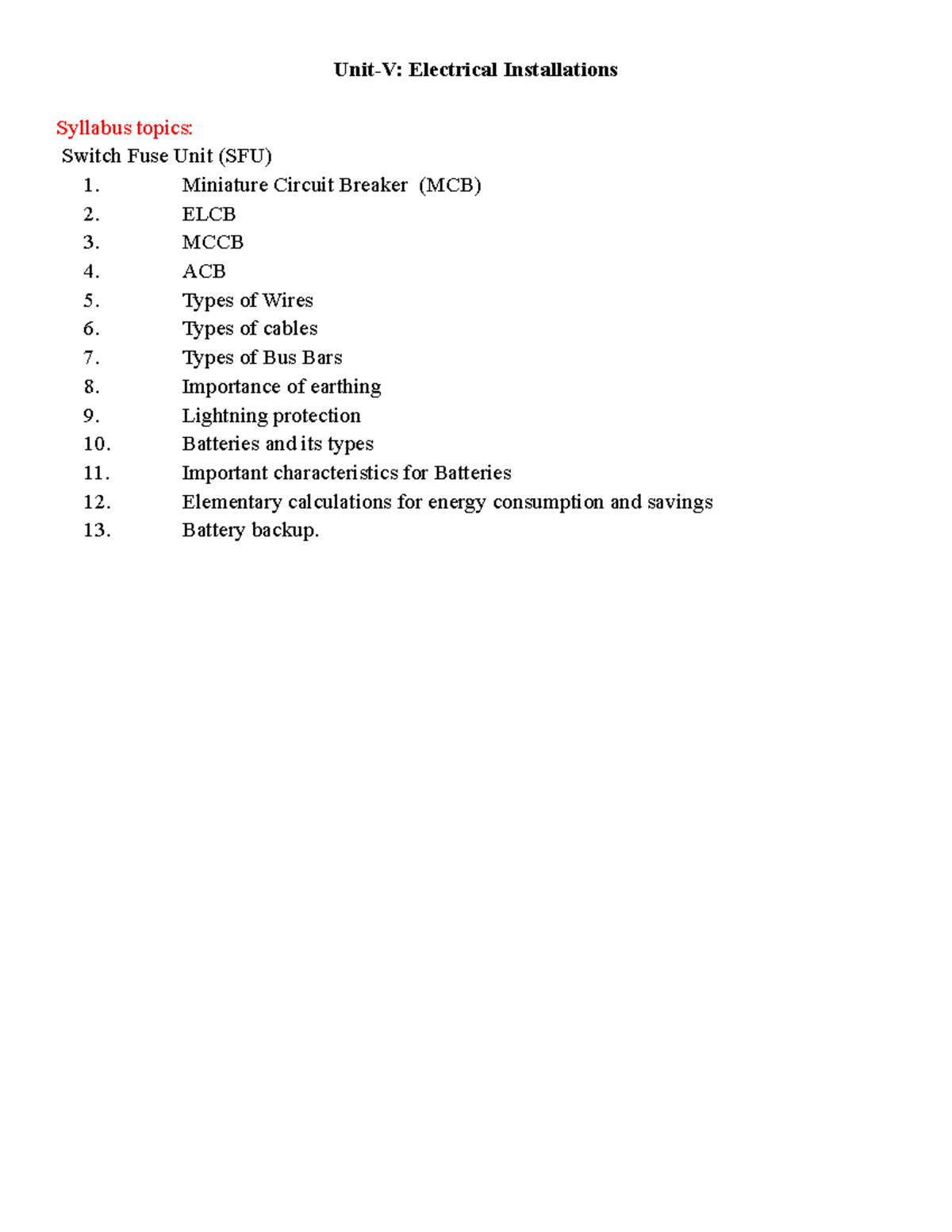 Unit-5 Final notes - Unit-V: Electrical Installations Syllabus topics ...