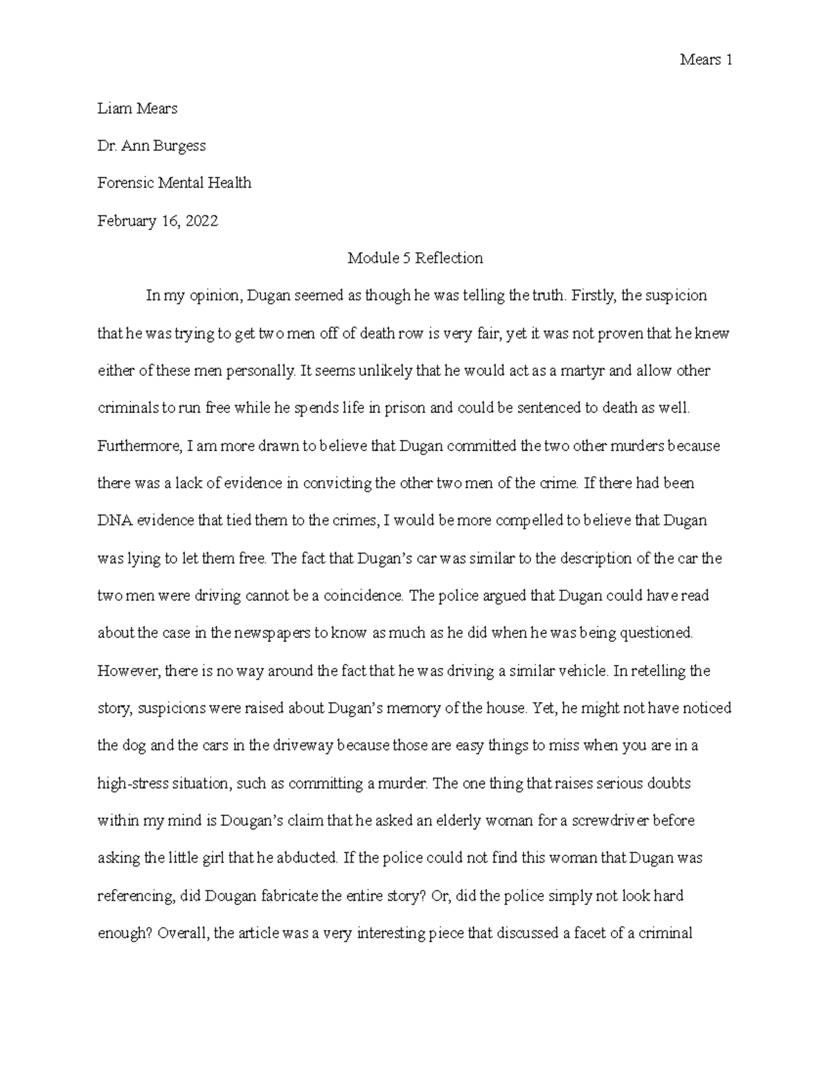 Module 5 Reflection - Mears 1 Liam Mears Dr. Ann Burgess Forensic ...