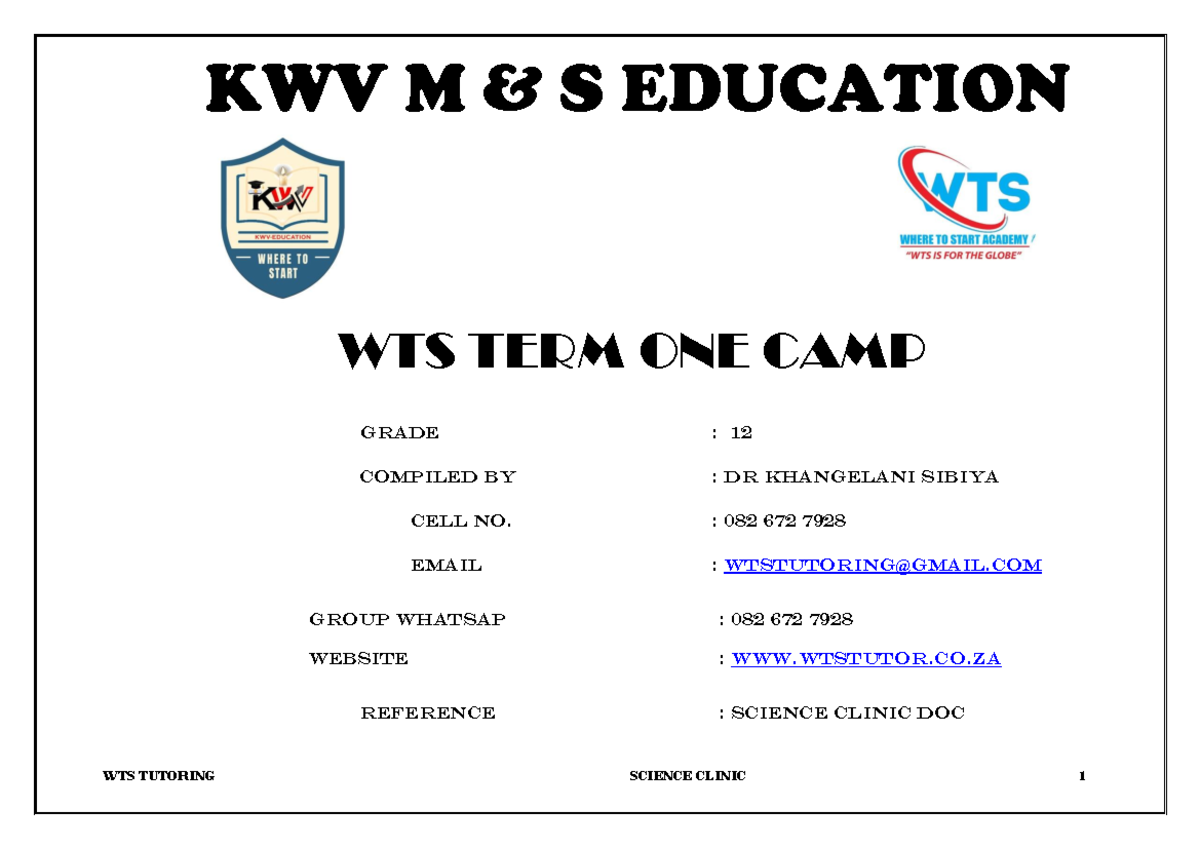 2024 WTS 12 Physcs T ONE Notes - WTS TERM ONE CAMP GRADE : 12 COMPILED ...